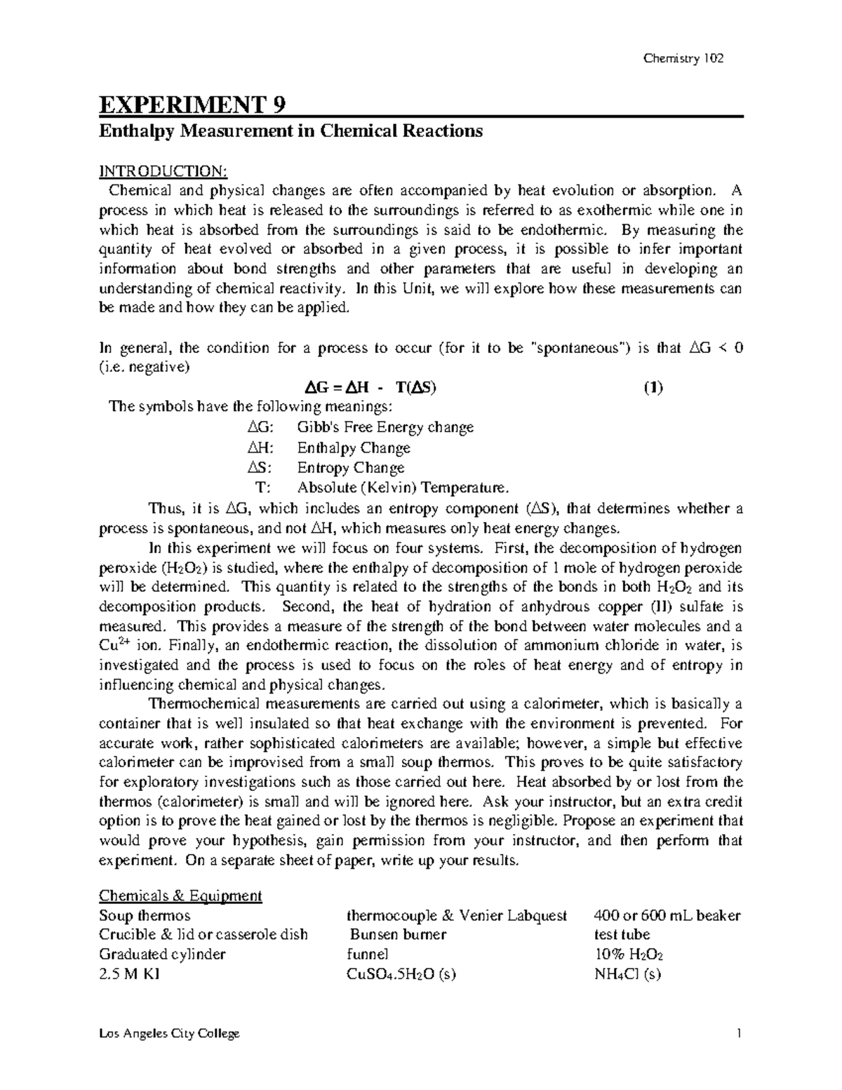 E09 Entropy - EXPERIMENT 9 Enthalpy Measurement in Chemical Reactions ...