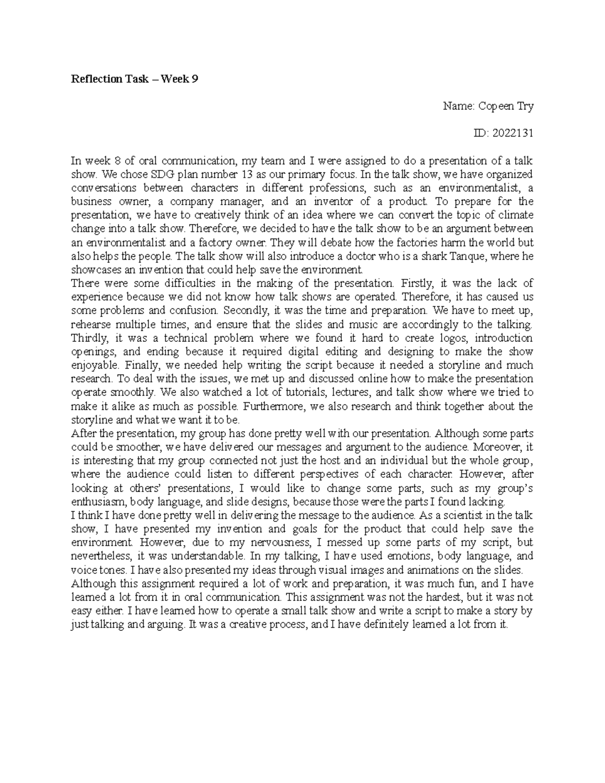Reflection Task - week 4 - Reflection Task – Week 9 Name: Copeen Try ID ...