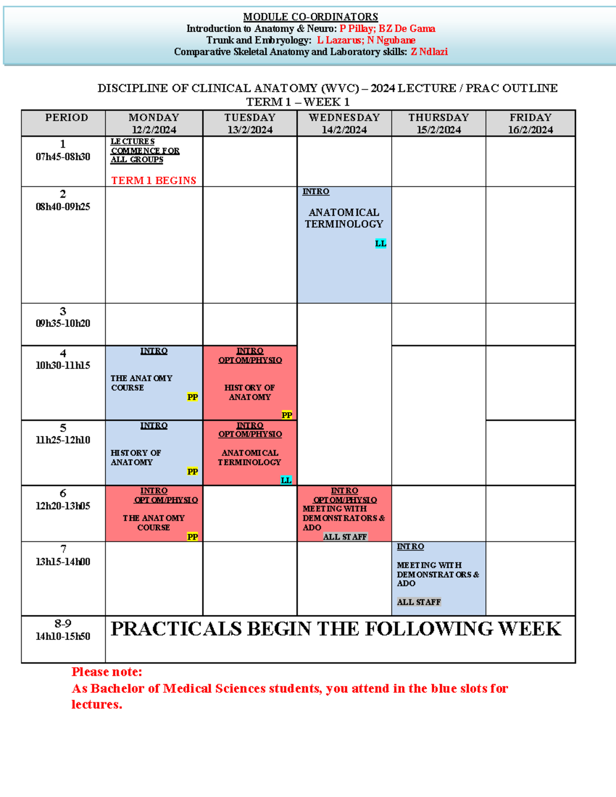 Timetable Anatomy - DISCIPLINE OF CLINICAL ANATOMY (WVC) – 2024 LECTURE ...