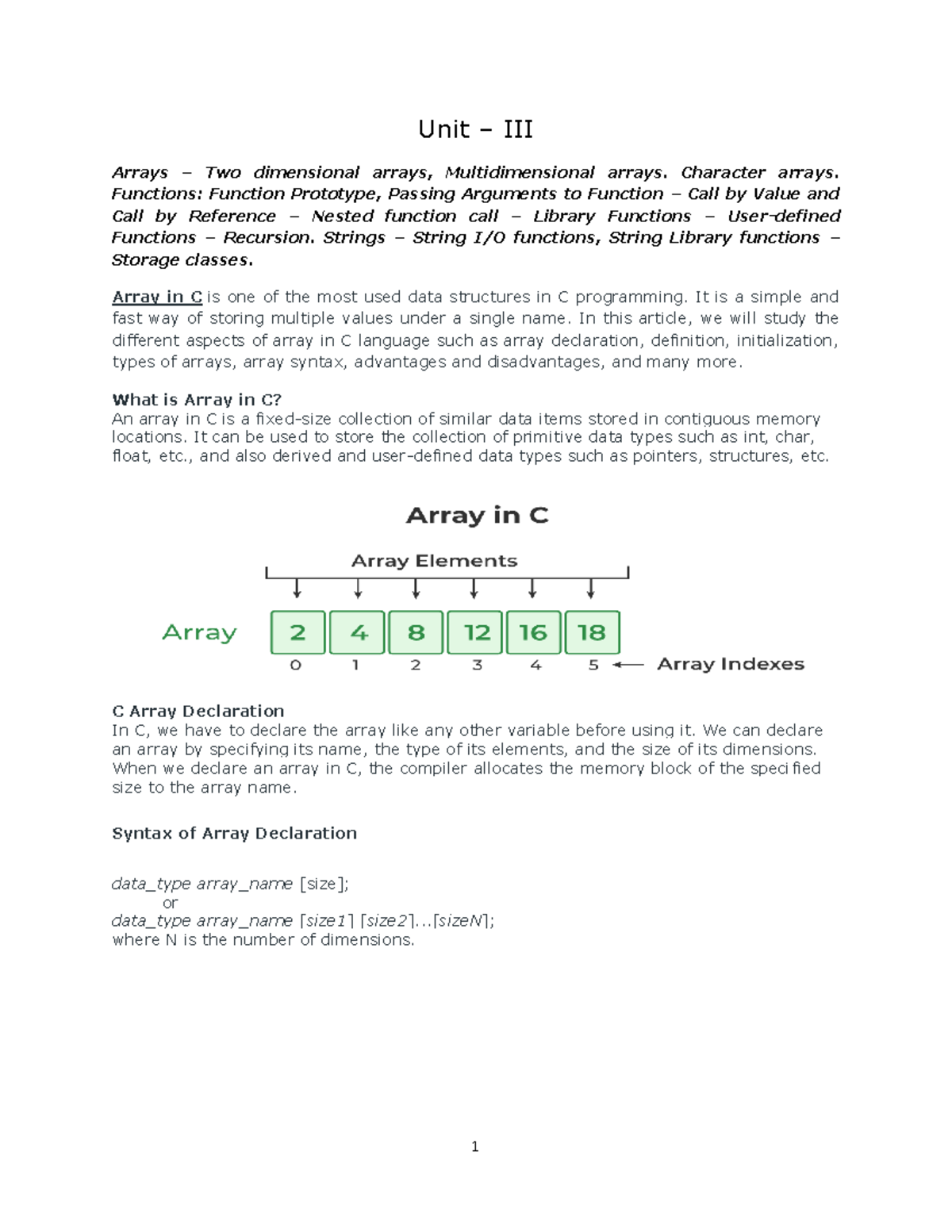 Unit - III - Arrays - Unit – III Arrays – Two dimensional arrays, Multidimensional arrays ...