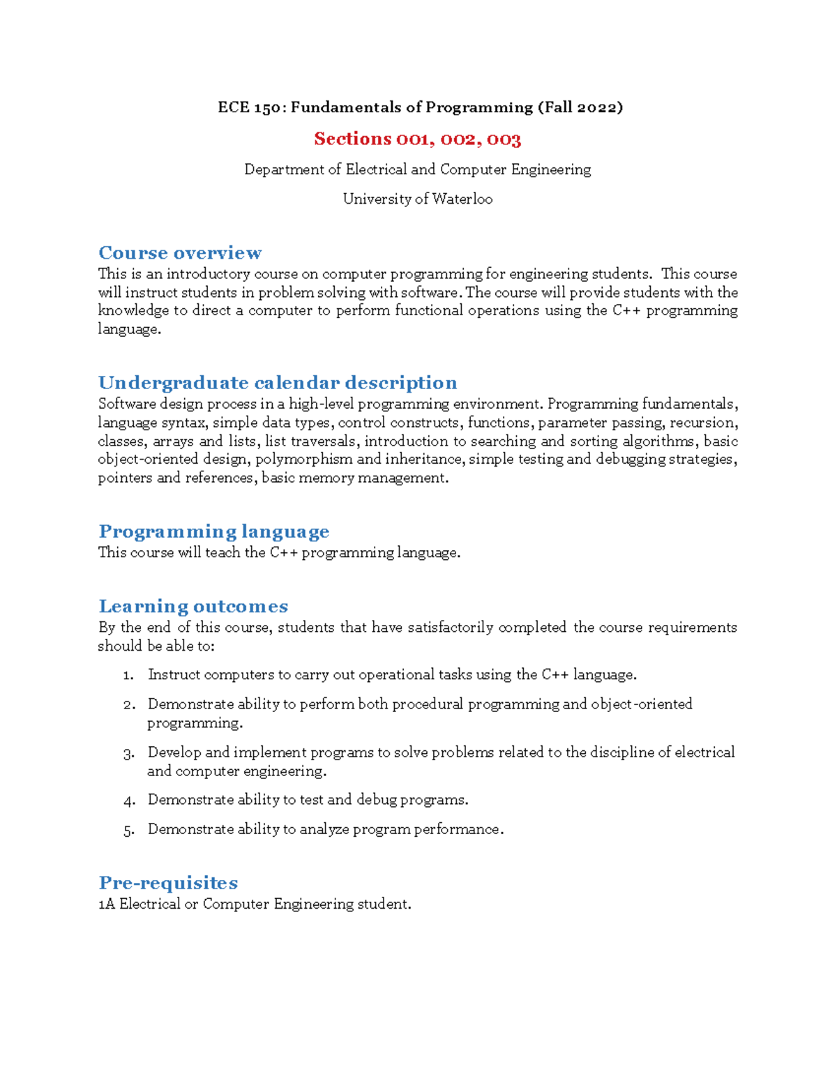 Ece150f22-syllabus - Syllabus - ECE 150: Fundamentals of Programming (Fall 2022) Sections 001 ...
