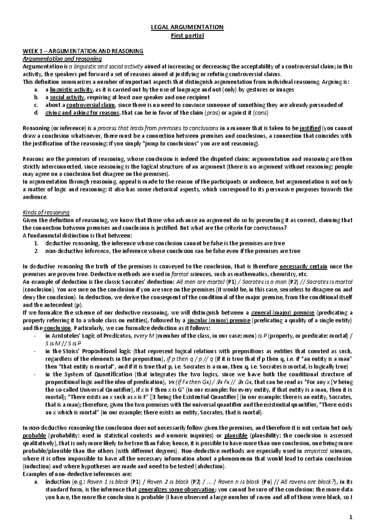 Legal generale - LEGAL ARGUMENTATION First partial WEEK 1 ...