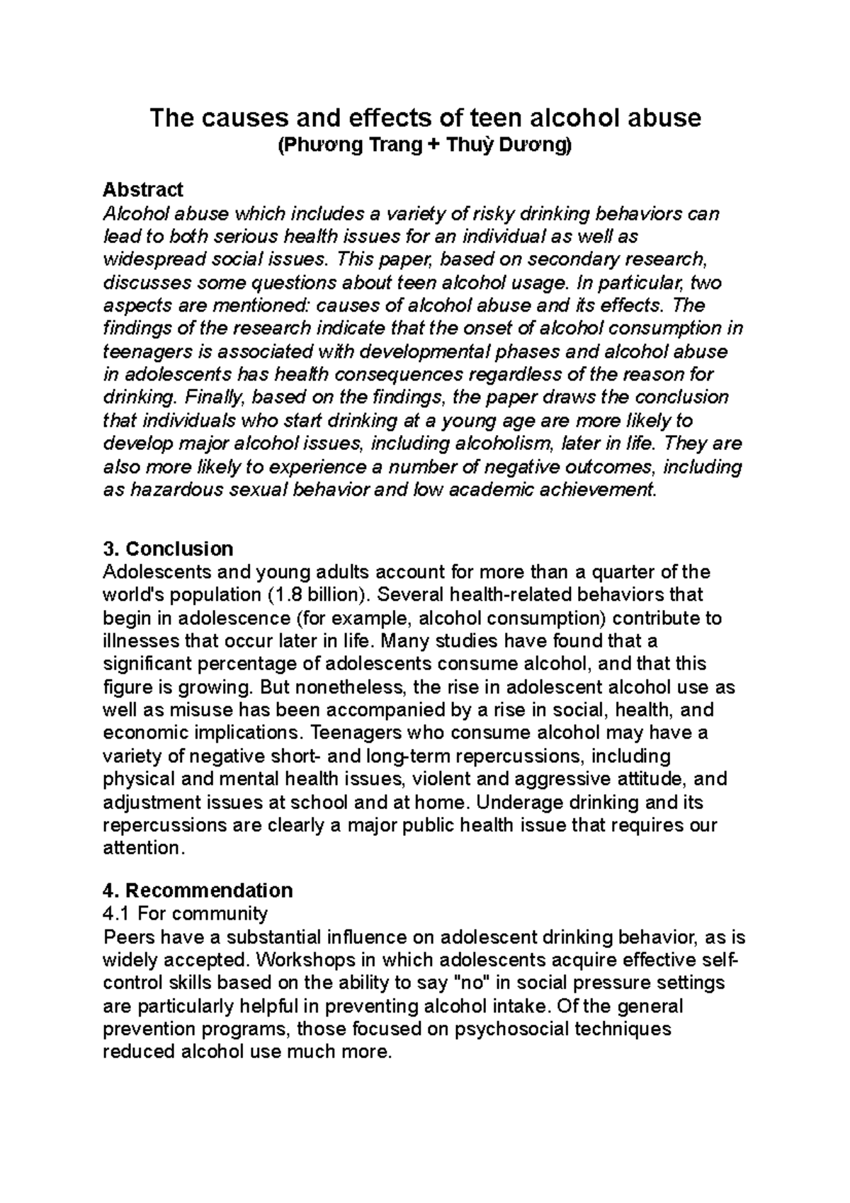 The causes and effects of teen alcohol abuse (abstract + conclusion ...