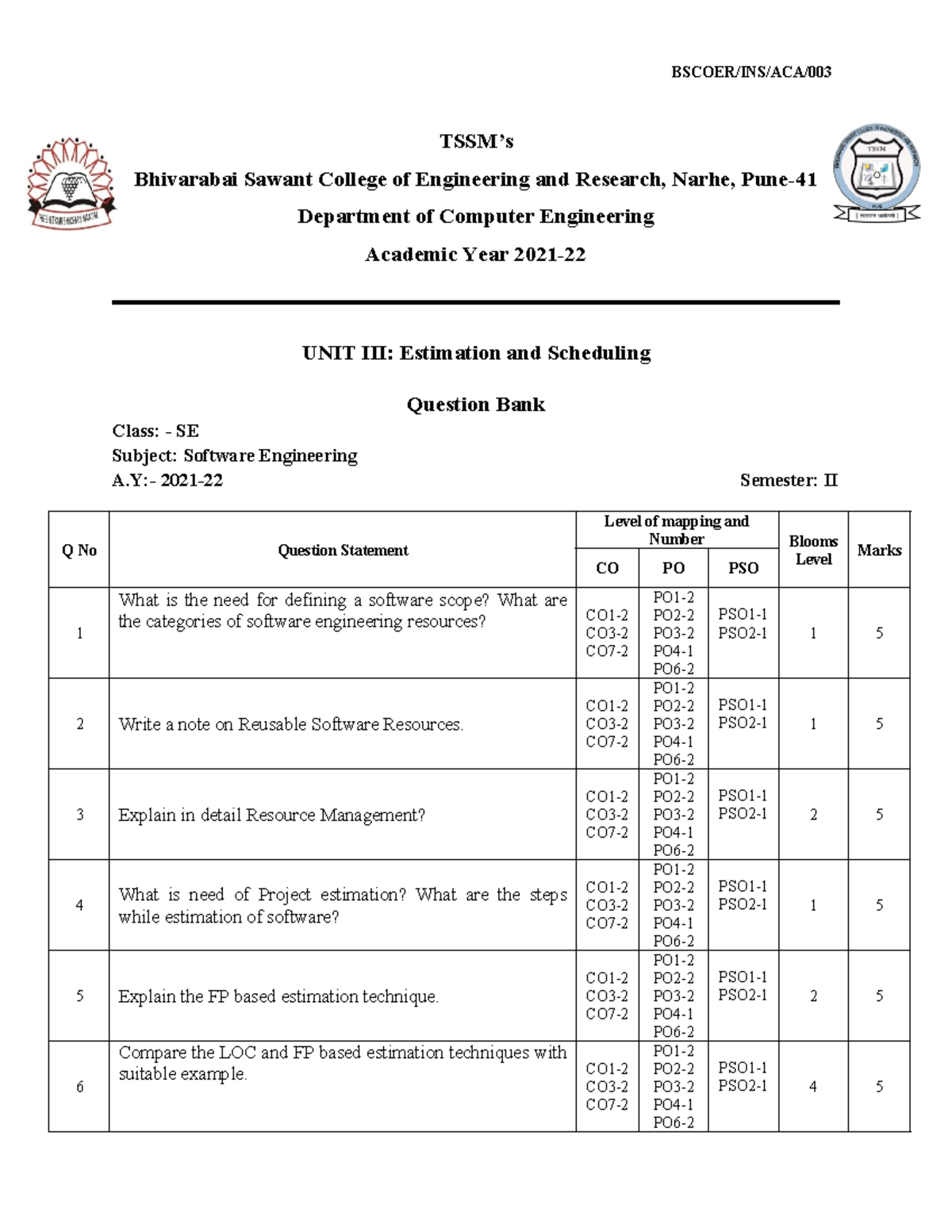 Se Question Bank Unit Iii Tssms Unit Iii Estimation And Scheduling Question Bank Class Se
