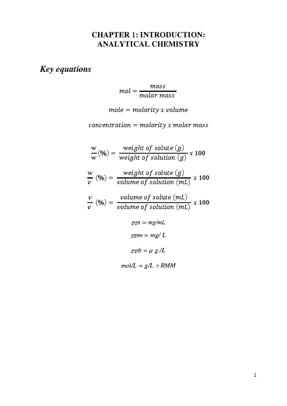 C1 Introduction Analytical Chemistry - CHAPTER 1: INTRODUCTION: ANALYTICAL CHEMISTRY Key ...
