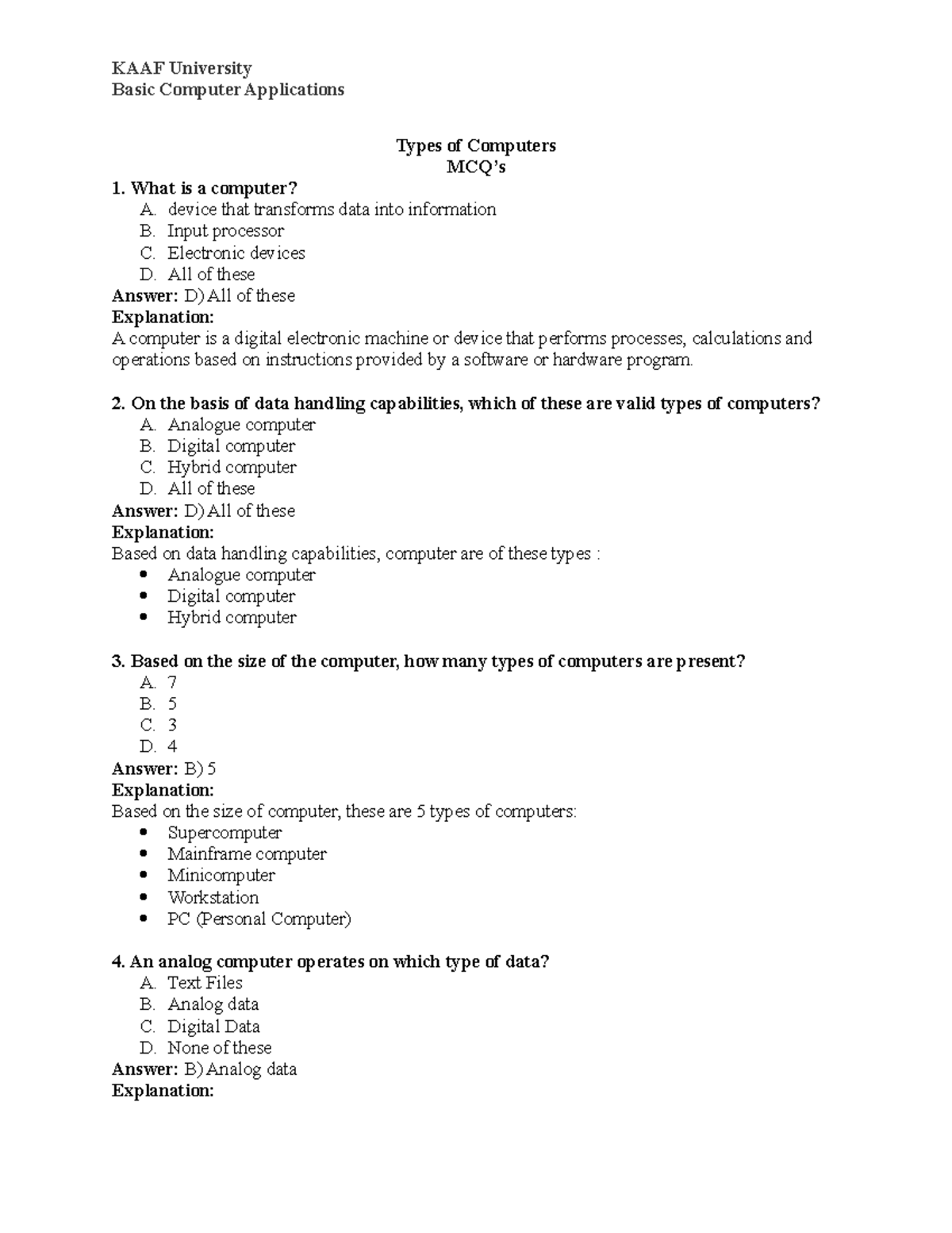 Computer Types MCQ's - self assessment - Basic Computer Applications ...