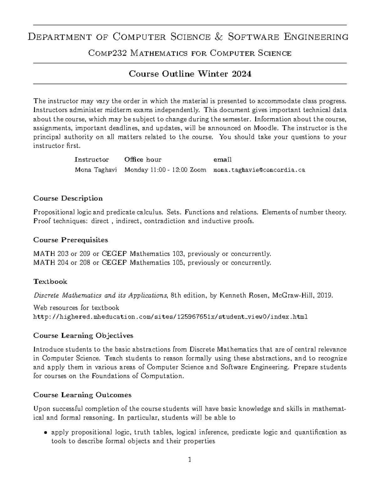 Comp232 Outline Course Outline With Mona For Winter Semester 2024 Department Of Computer