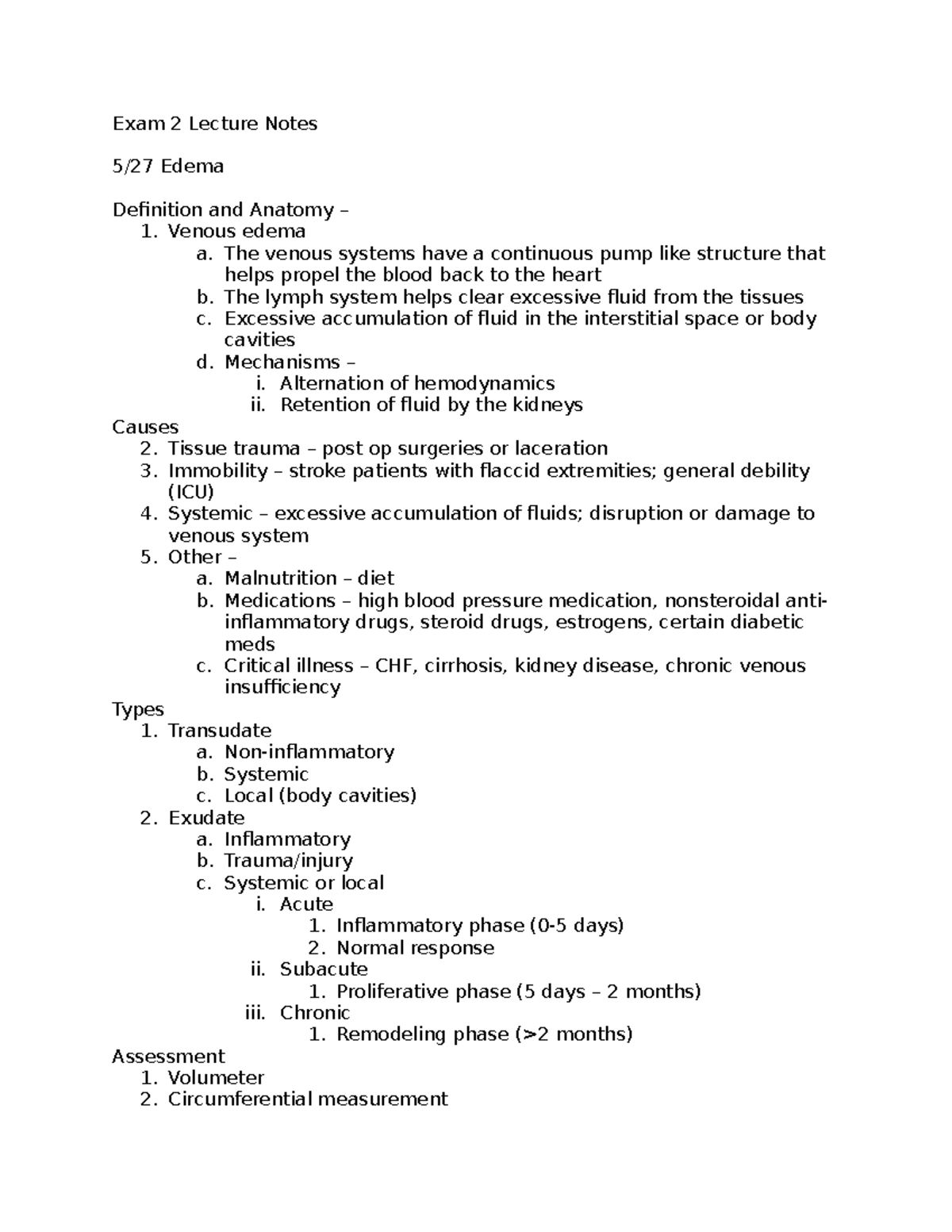Interventions for Edema and Sensation - Exam 2 Lecture Notes 5/27 Edema ...