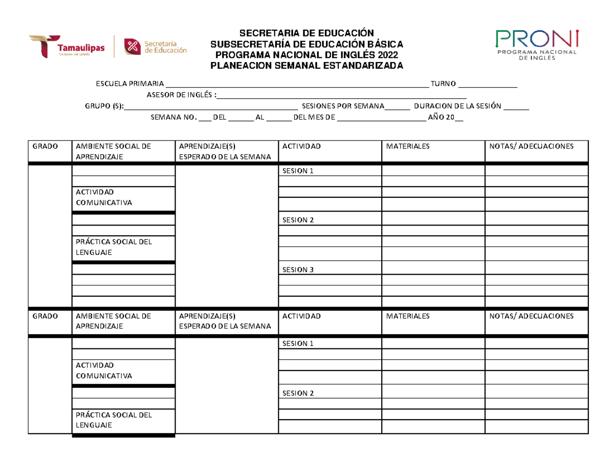 Formato DE Planeacion Semanal- Sugerencia - SECRETARIA DE EDUCACIÓN ...