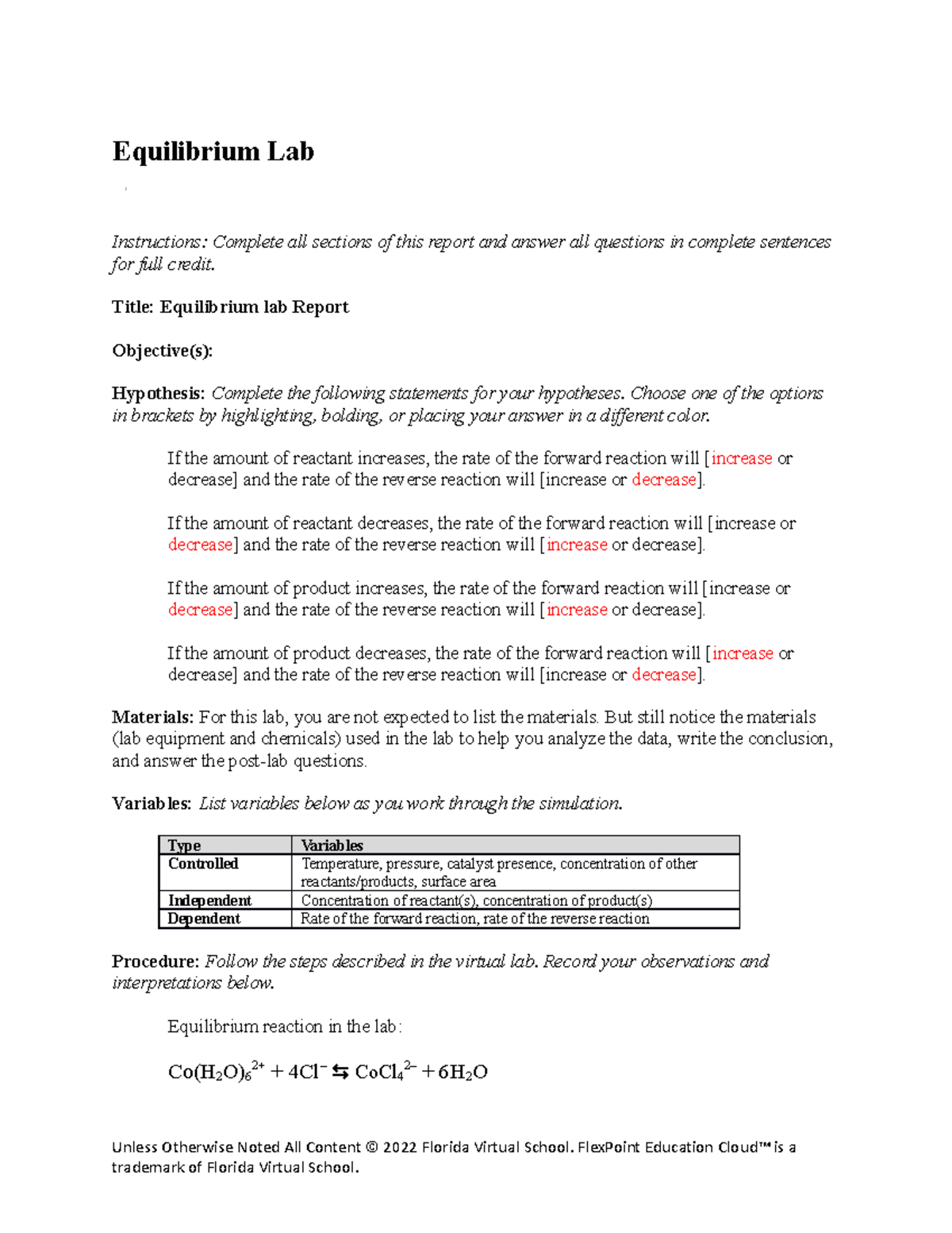 Lab report - yes - Equilibrium Lab Instructions: Complete all sections of this report and answer ...