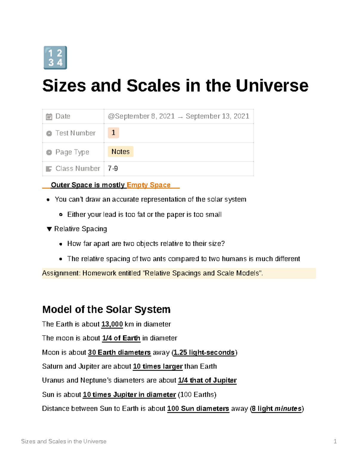 Sizes and Scales in the Universe - Model of the Solar System The Earth ...