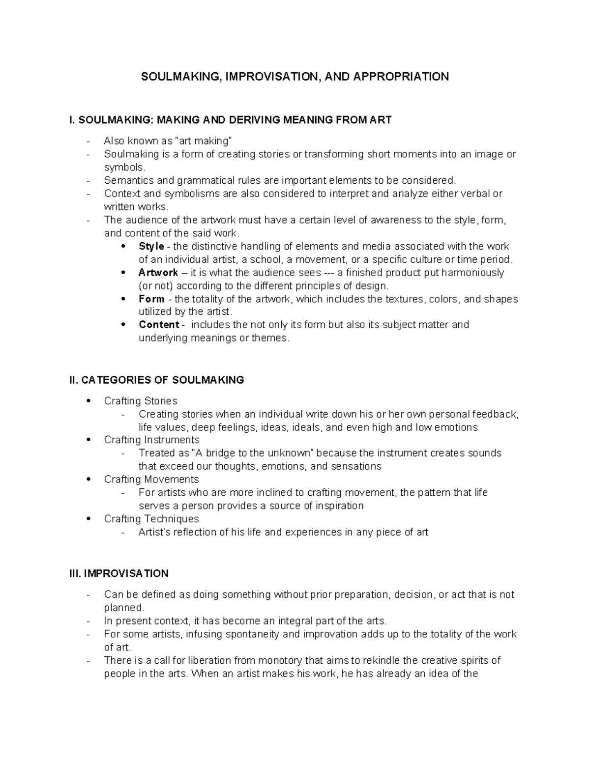 WEEK 13 Soulmaking Improvisation AND Appropriation - SOULMAKING ...