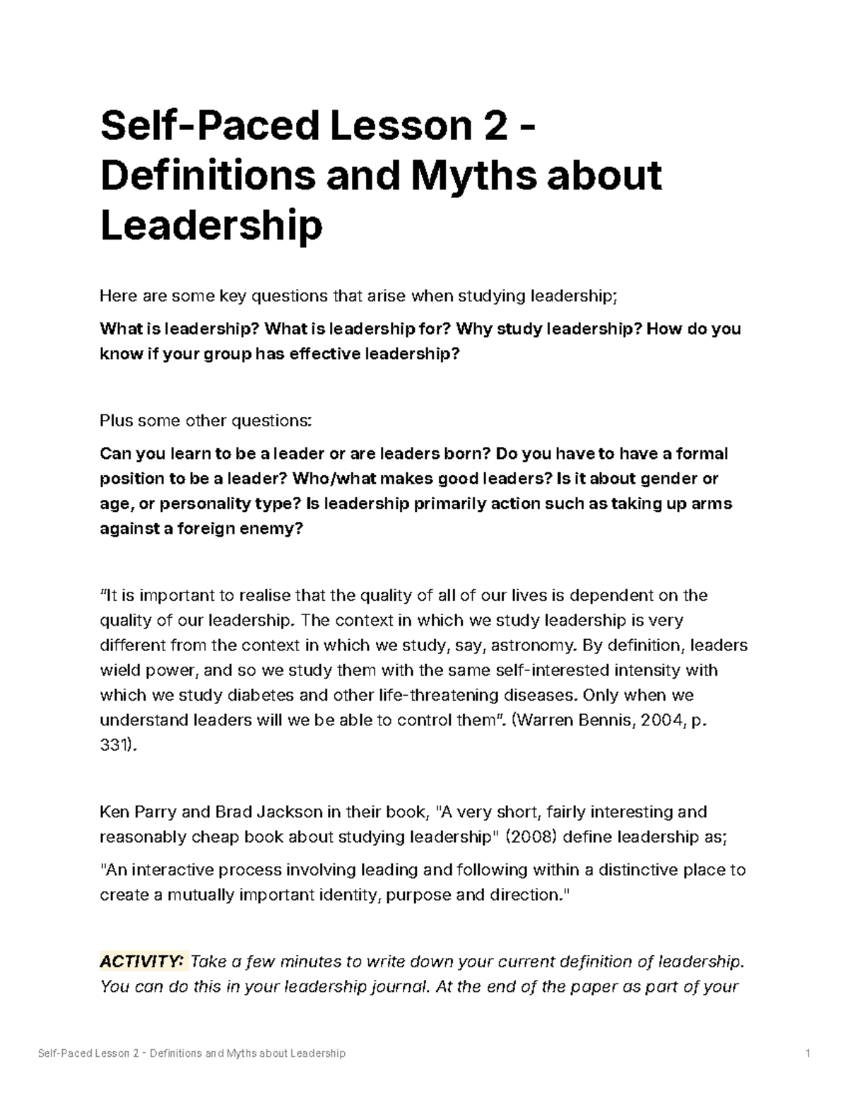 Self-Paced Lesson 2 - Definitions and Myths about Leadership - Self ...
