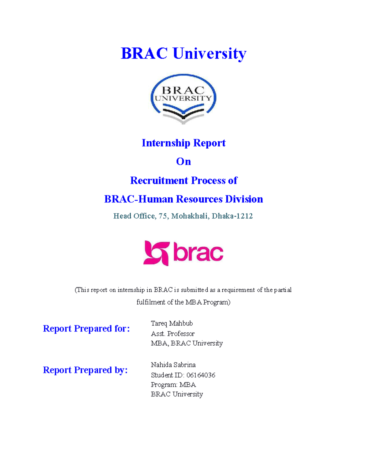 BRAC University Internship Report On Rec - BRAC University Internship ...