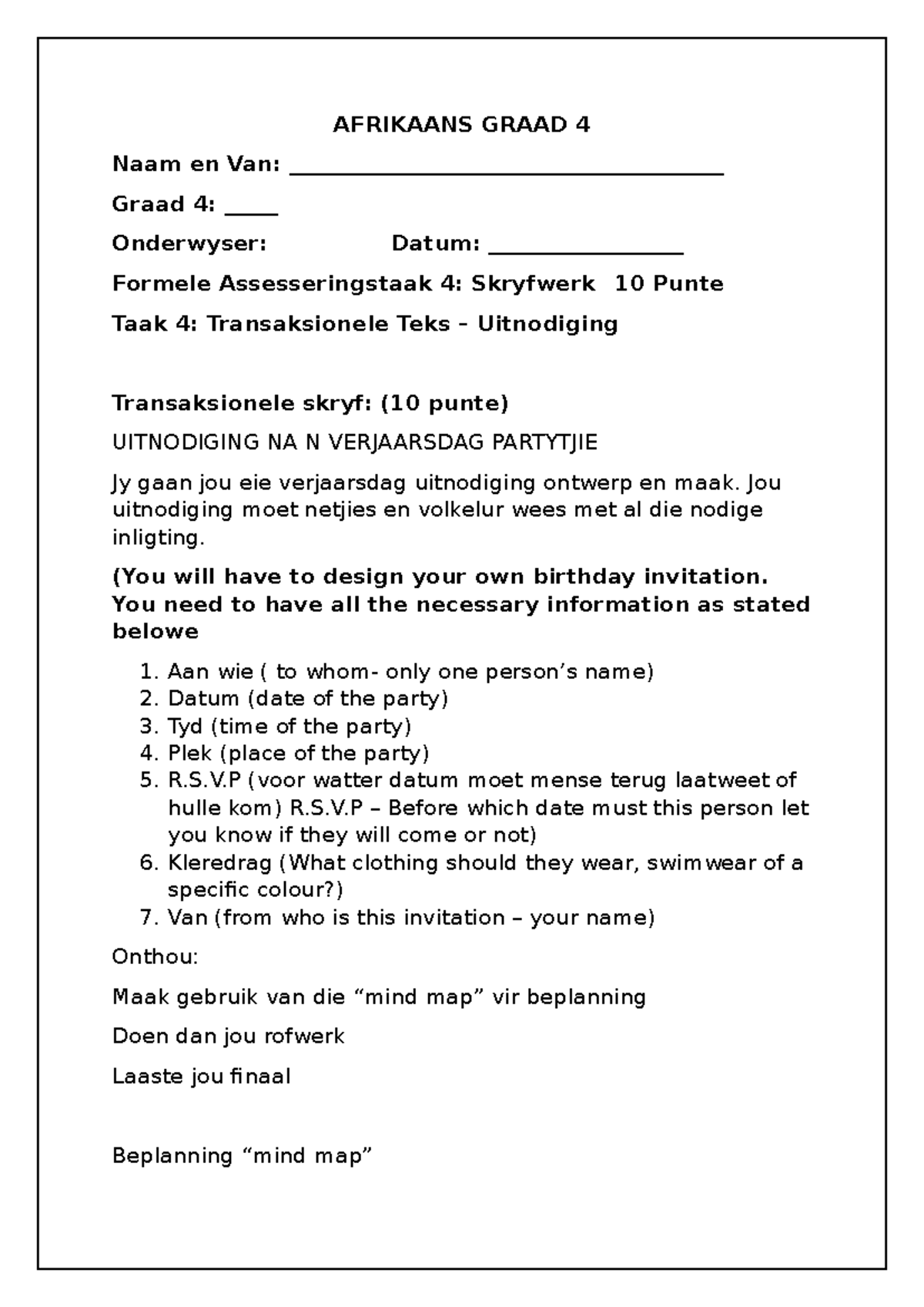 Graad 4 Formele assessering Kwartaal 2 Uitnodiging - AFRIKAANS GRAAD 4 ...