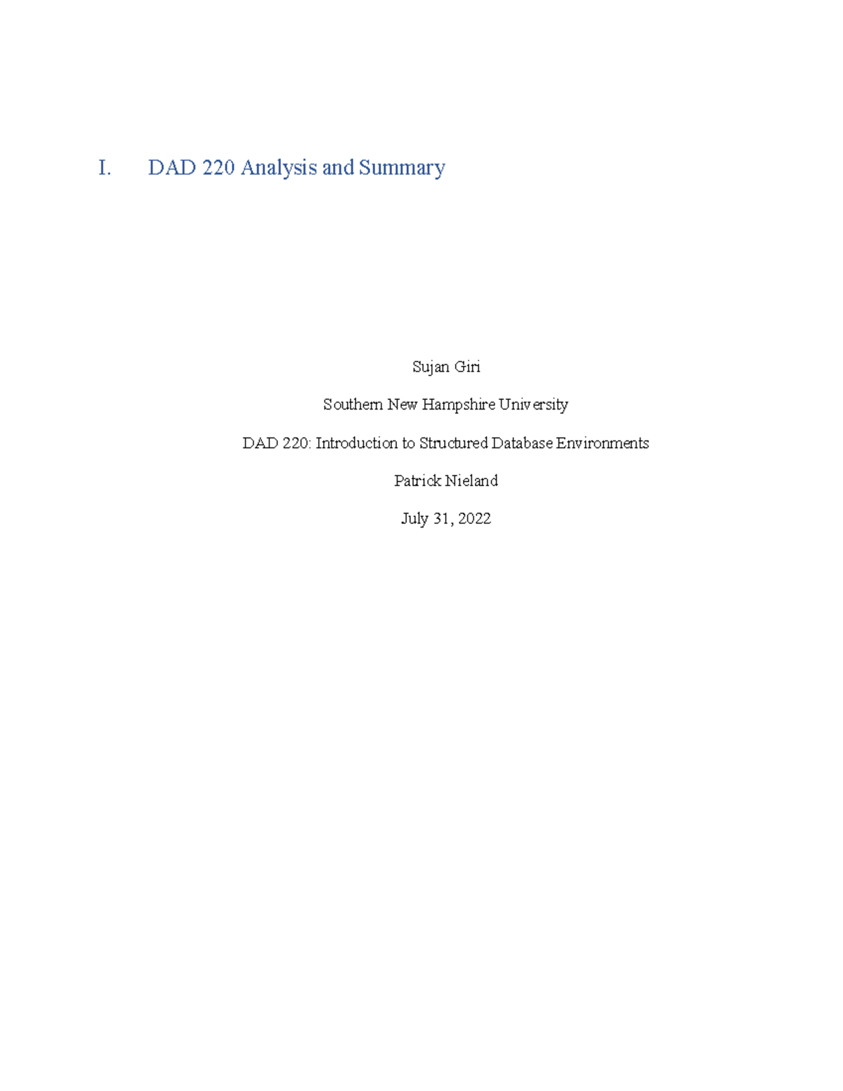 Module 5 major activity - I. DAD 220 Analysis and Summary Sujan Giri ...