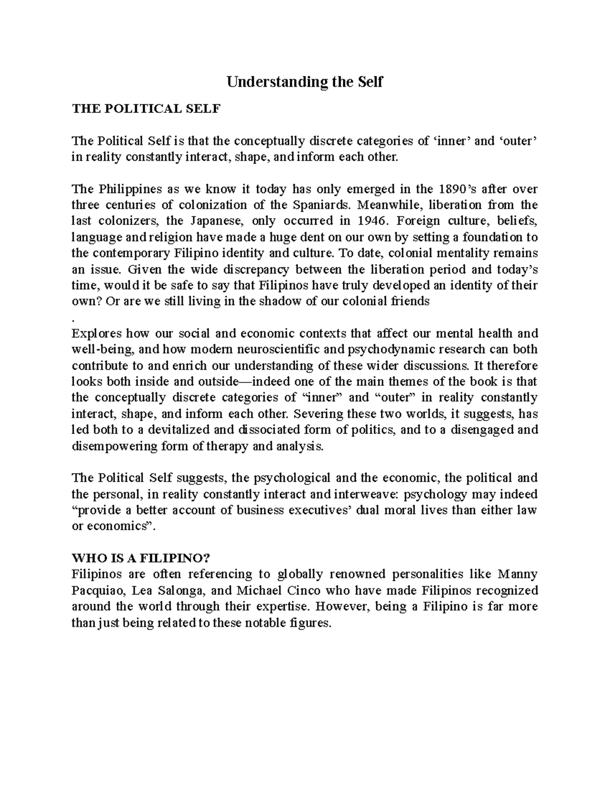 THE Political SELF - Summary - Understanding the Self THE POLITICAL ...