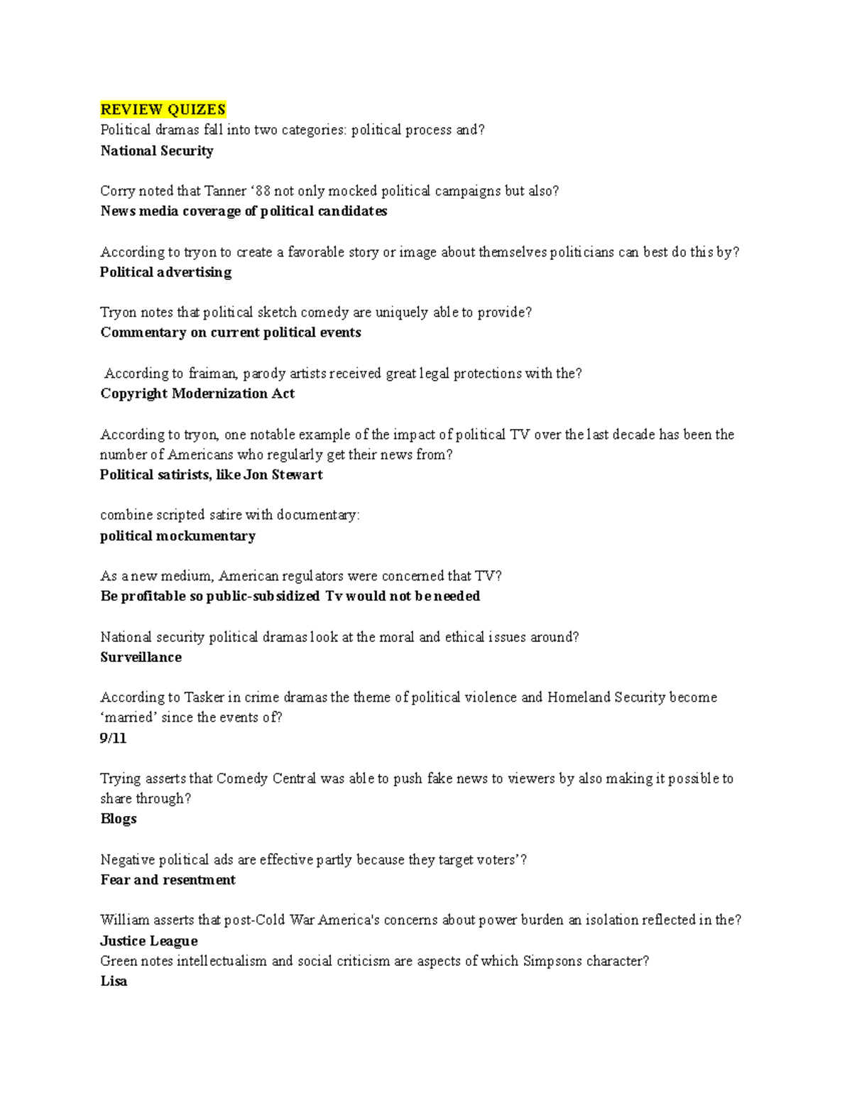 Spector Political Science Quiz Exam Bank - Google Docs - REVIEW QUIZES ...