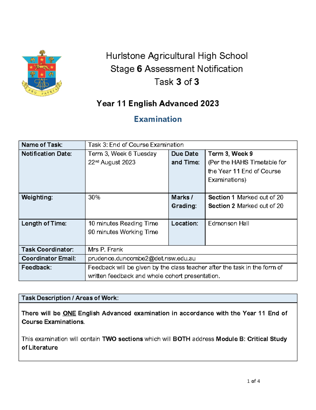 Assessment Notification Year 11 Task 3 2023 - Examination - Hurlstone ...