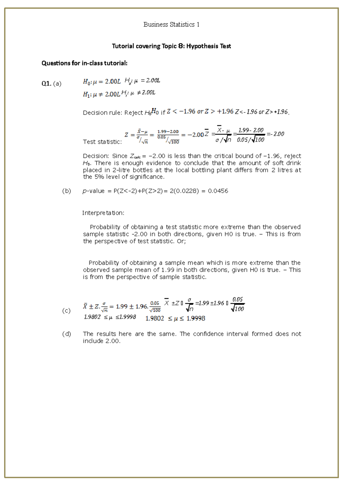 Tutorial covering Topic 8 - Solutions-1 - Business Statistics 1 Tutorial covering Topic 8 ...