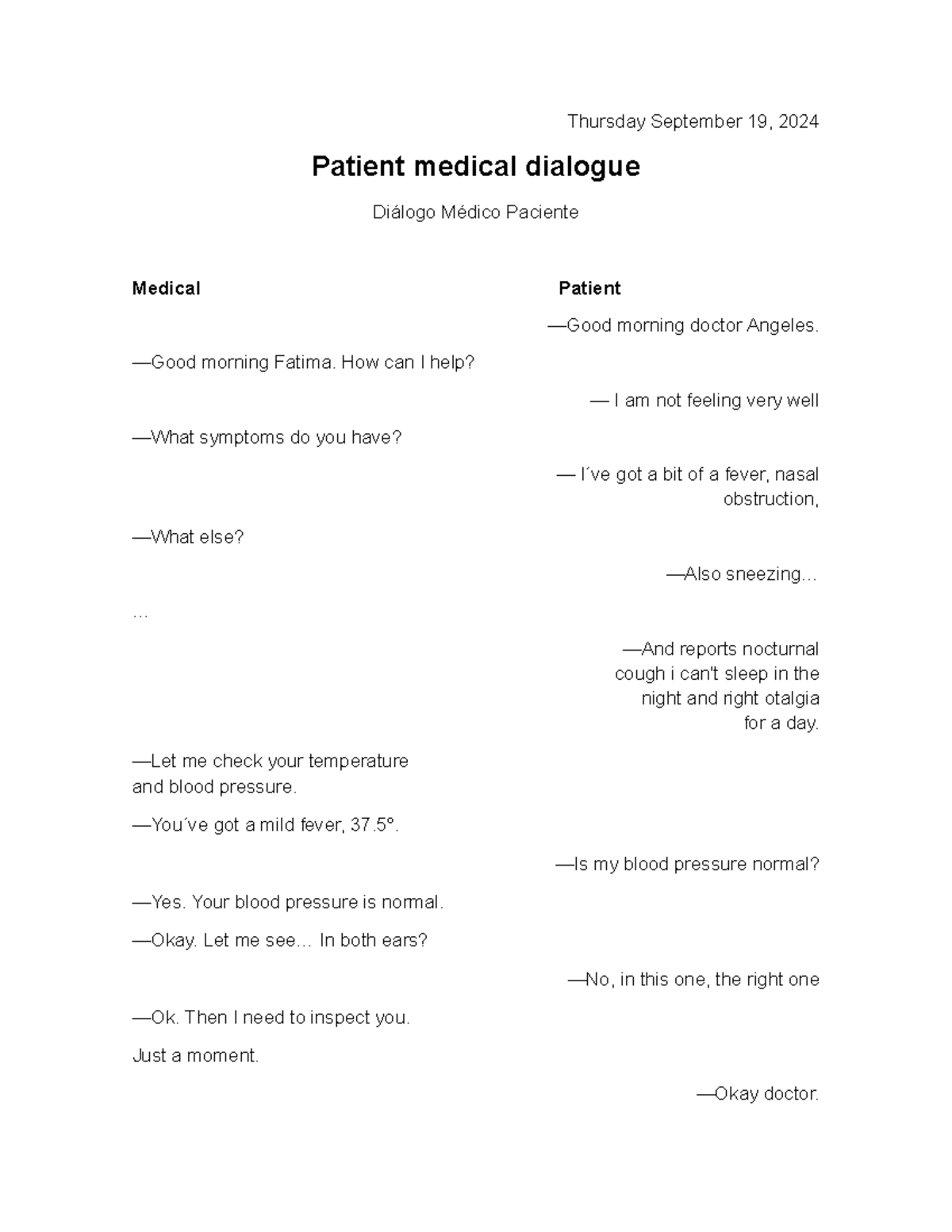 Dialogo en ingles - Thursday September 19, 2024 Patient medical ...