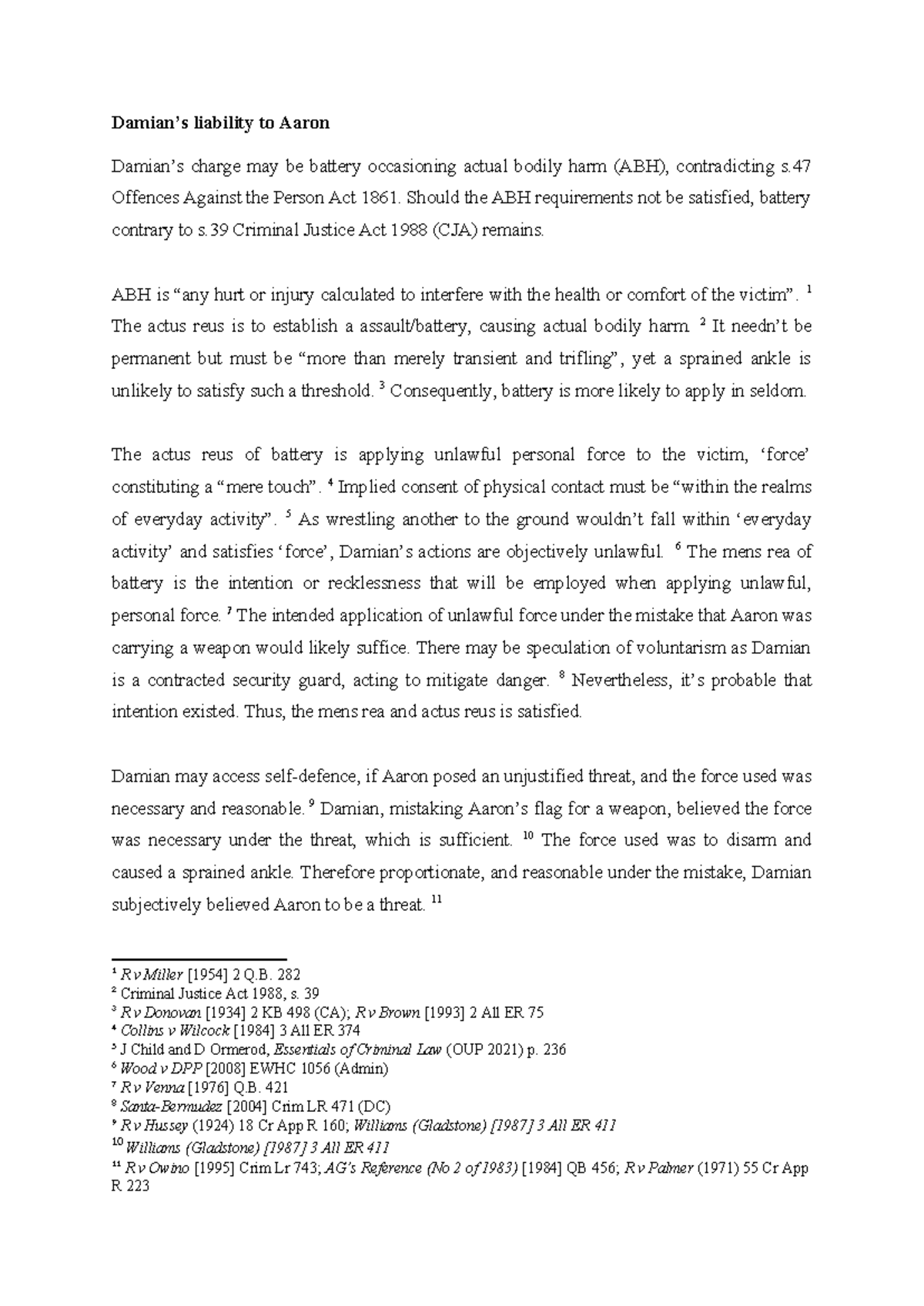 Criminal Law PQ - Damian’s liability to Aaron Damian’s charge may be ...
