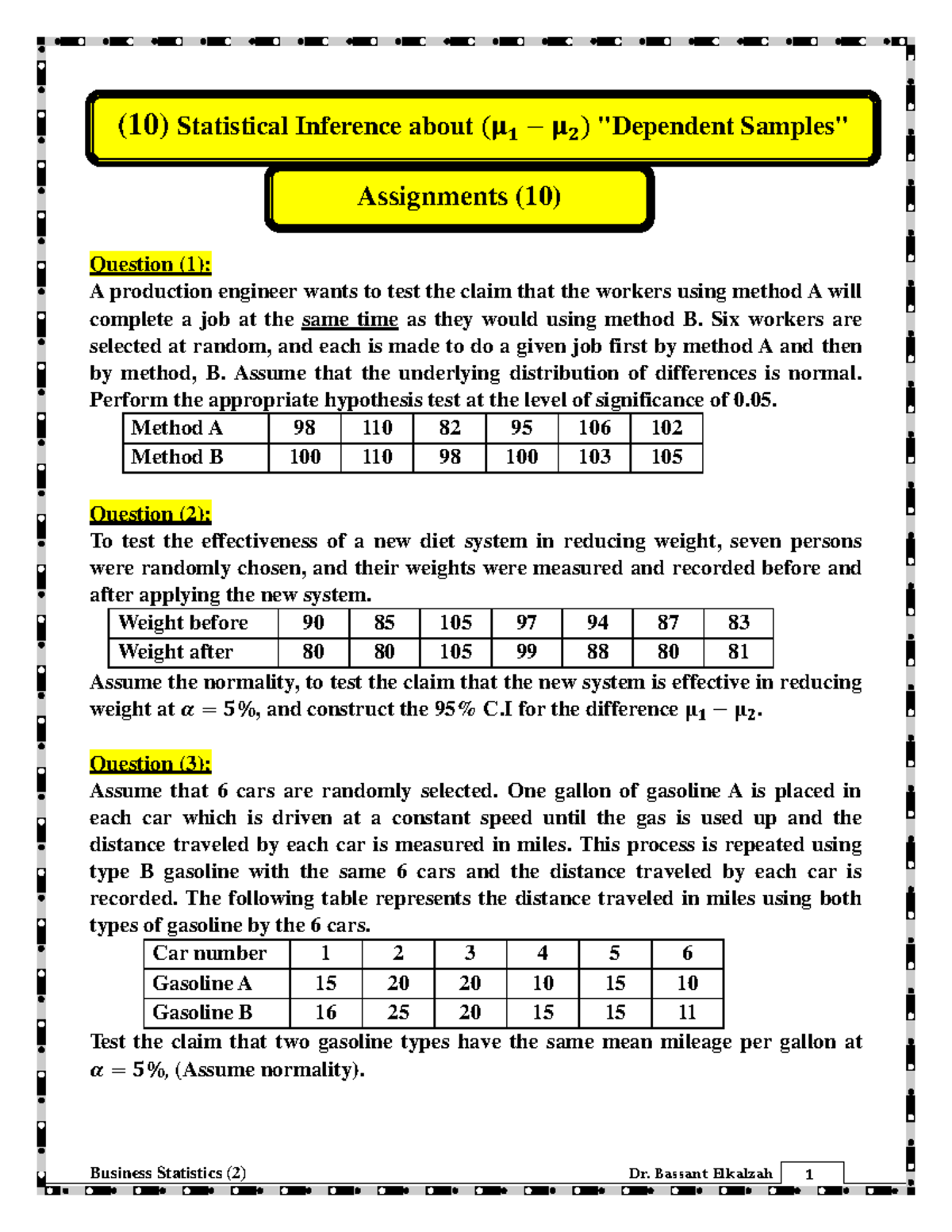Lec 10 - STA241 - Bus. Stat. (2) - Statistical Inference about (μ 1-μ 2) Dependent Samples ...