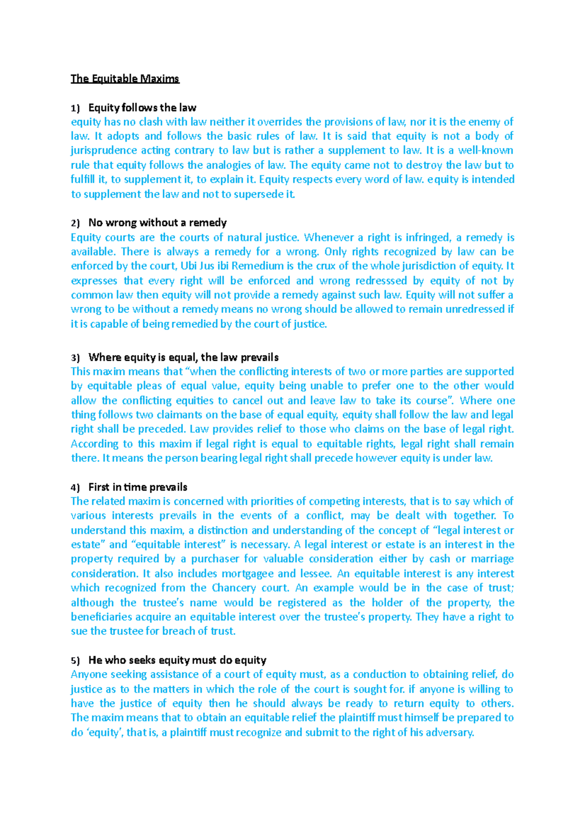 The Equitable Maxims Lecture Notes 1 2 The Equitable Maxims 1 Equity Follows The Law Equity