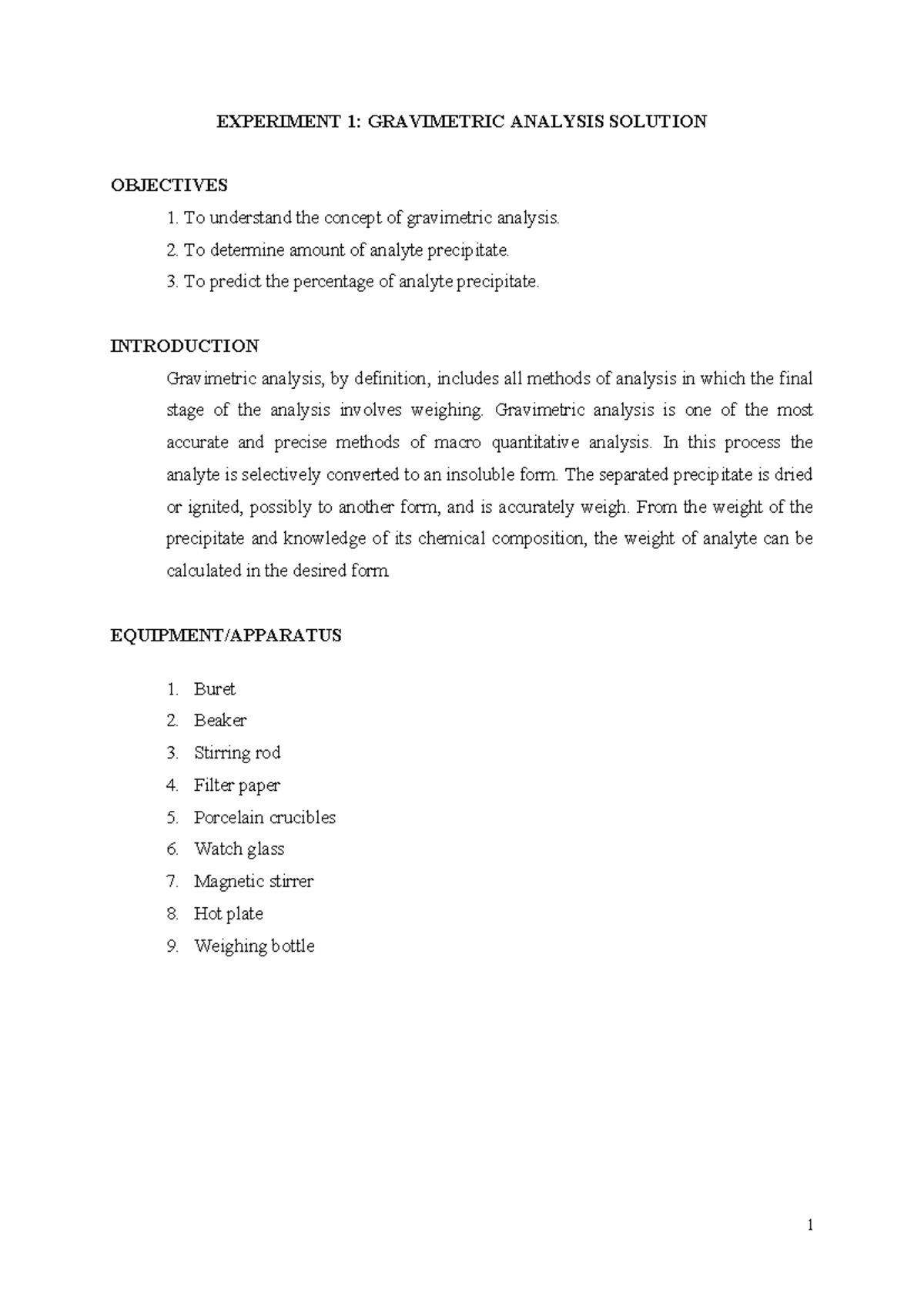 Experiment 1 Gravimetric Analysis Solution - EXPERIMENT 1: GRAVIMETRIC ANALYSIS SOLUTION ...