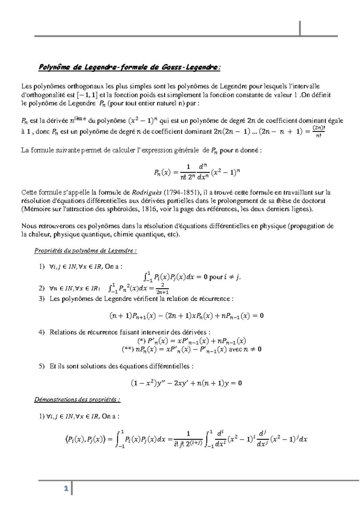 Polynome de Legendre - analyse num - υ Polynôme de Legendre-formule de ...