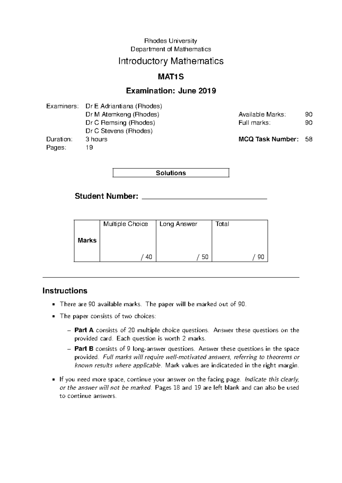 Exam 2019 - EXAM QUESTION PAPER 2019 - Rhodes University Department of ...