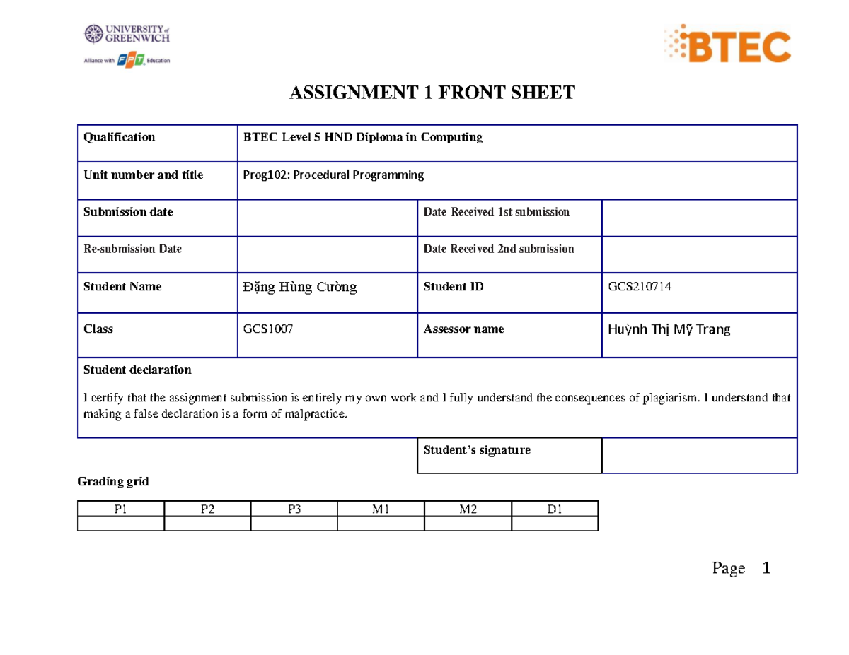 Prog102 Assignment 1 - ASSIGNMENT 1 FRONT SHEET Qualification BTEC Level 5 HND Diploma in ...