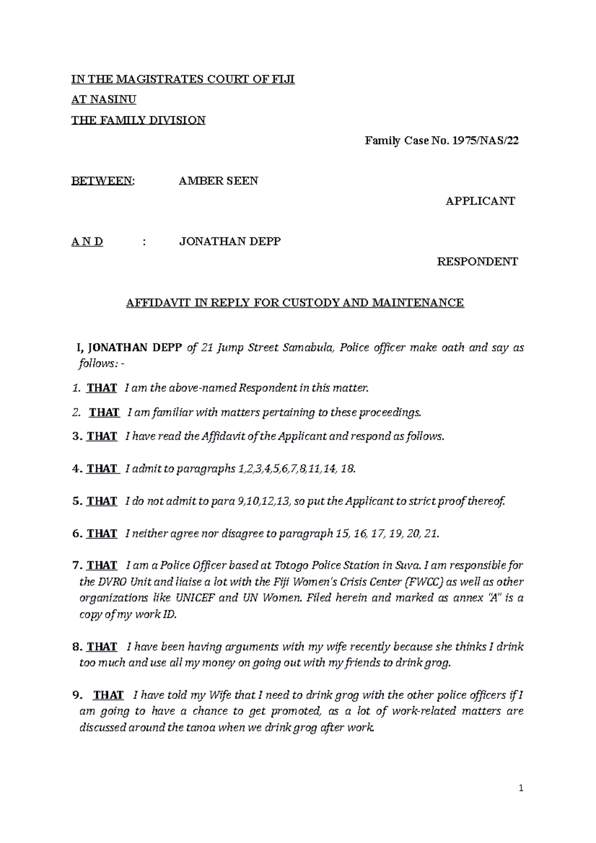 Family MOOT Affidavit IN Reply Sonali - IN THE MAGISTRATES COURT OF ...