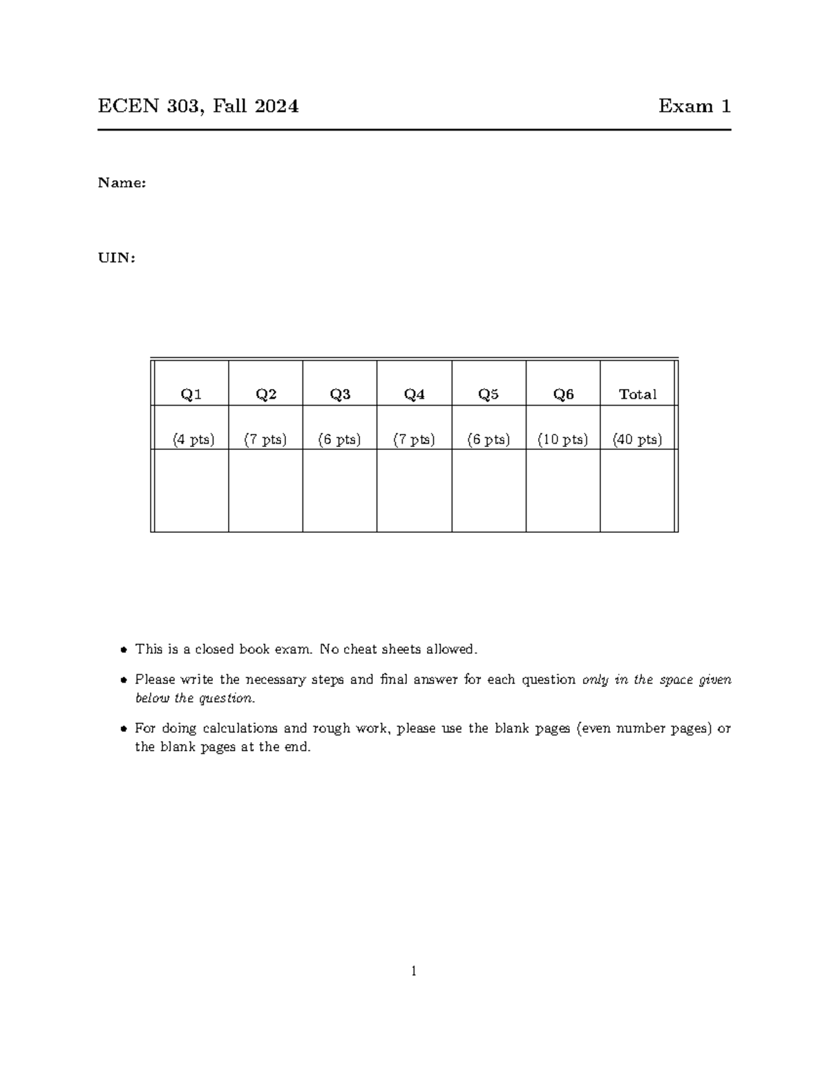 Exam 1 - Exam 1 2024 Dileep Kalathil - ECEN 303, Fall 2024 Exam 1 Name ...