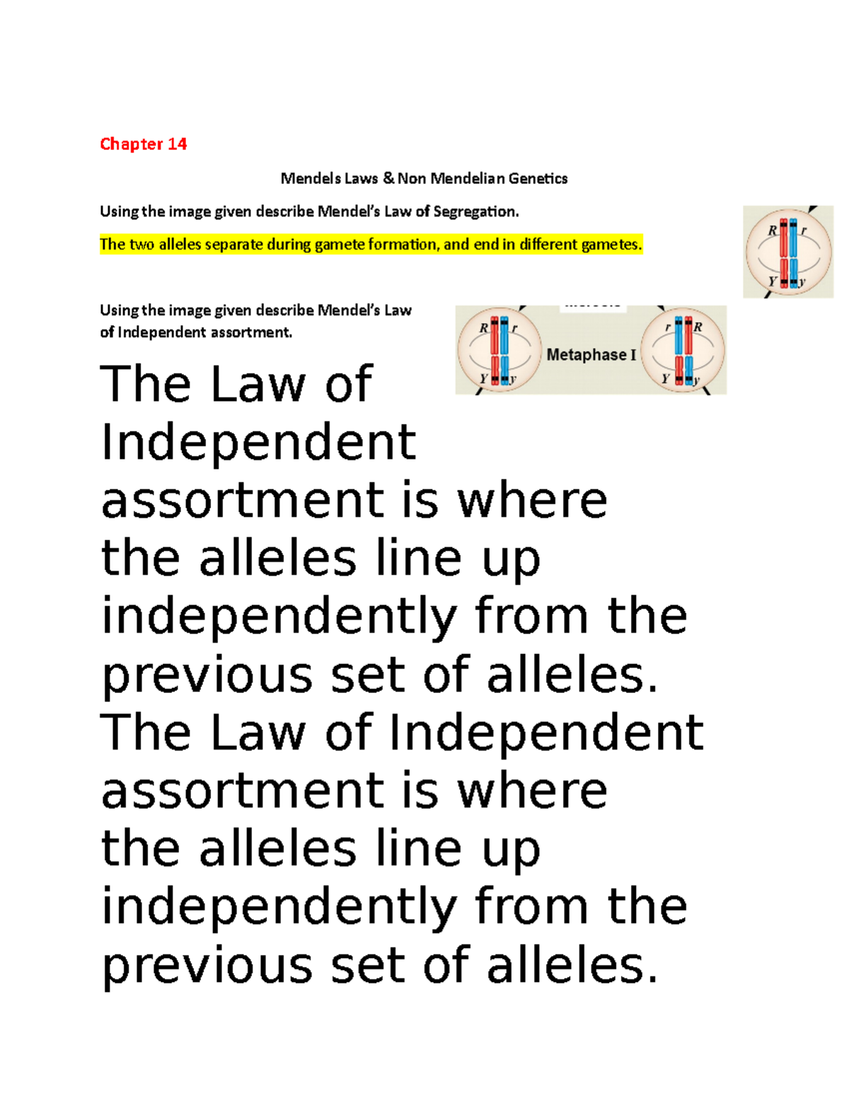 BIO 181 Homework WK10 Ch 14 - Chapter 14 Mendels Laws & Non Mendelian ...