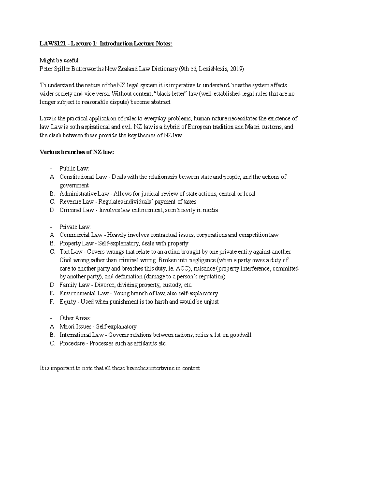 Course Introduction Notes - LAWS121 - Lecture 1: Introduction Lecture ...