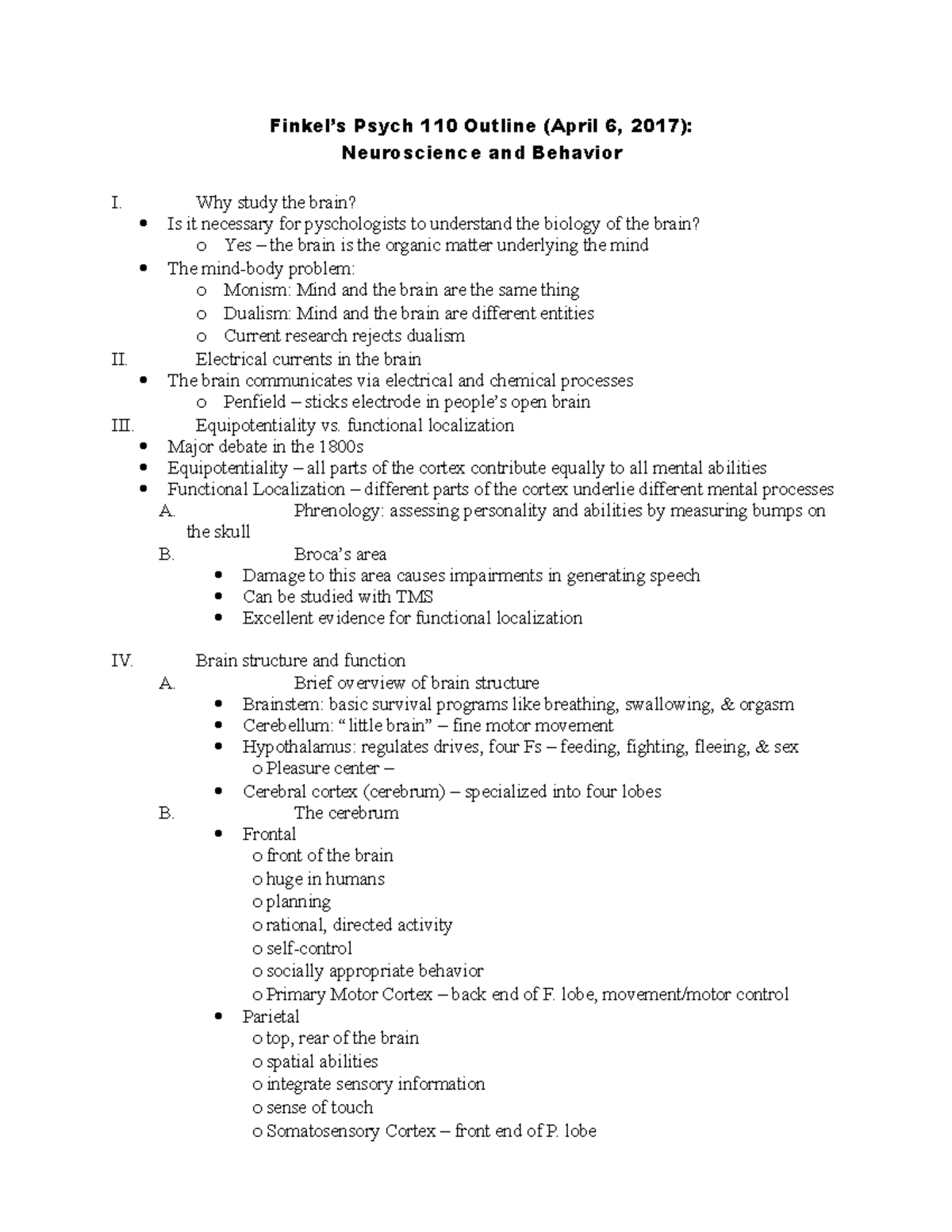 03 Neuroscience Behavior - Finkel’s Psych 110 Outline (April 6, 2017 ...