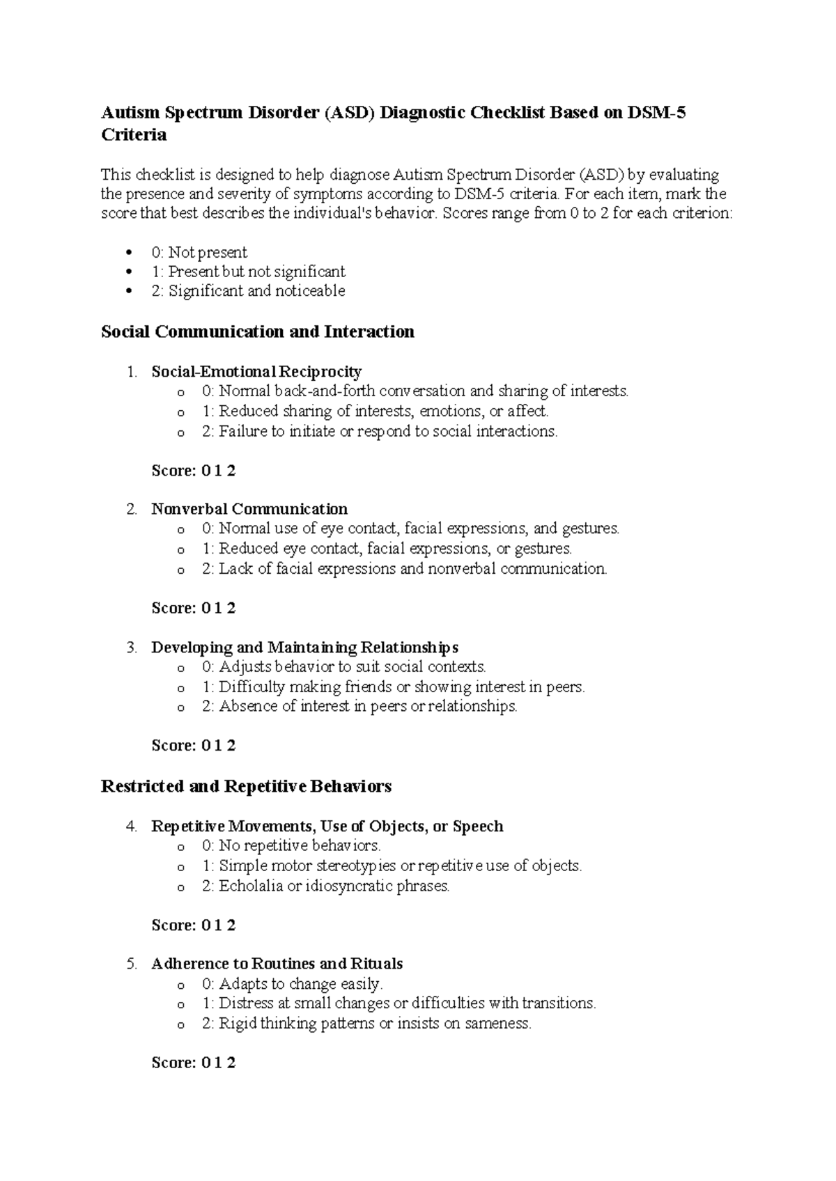 DSM V Autism - Autism Spectrum Disorder (ASD) Diagnostic Checklist ...