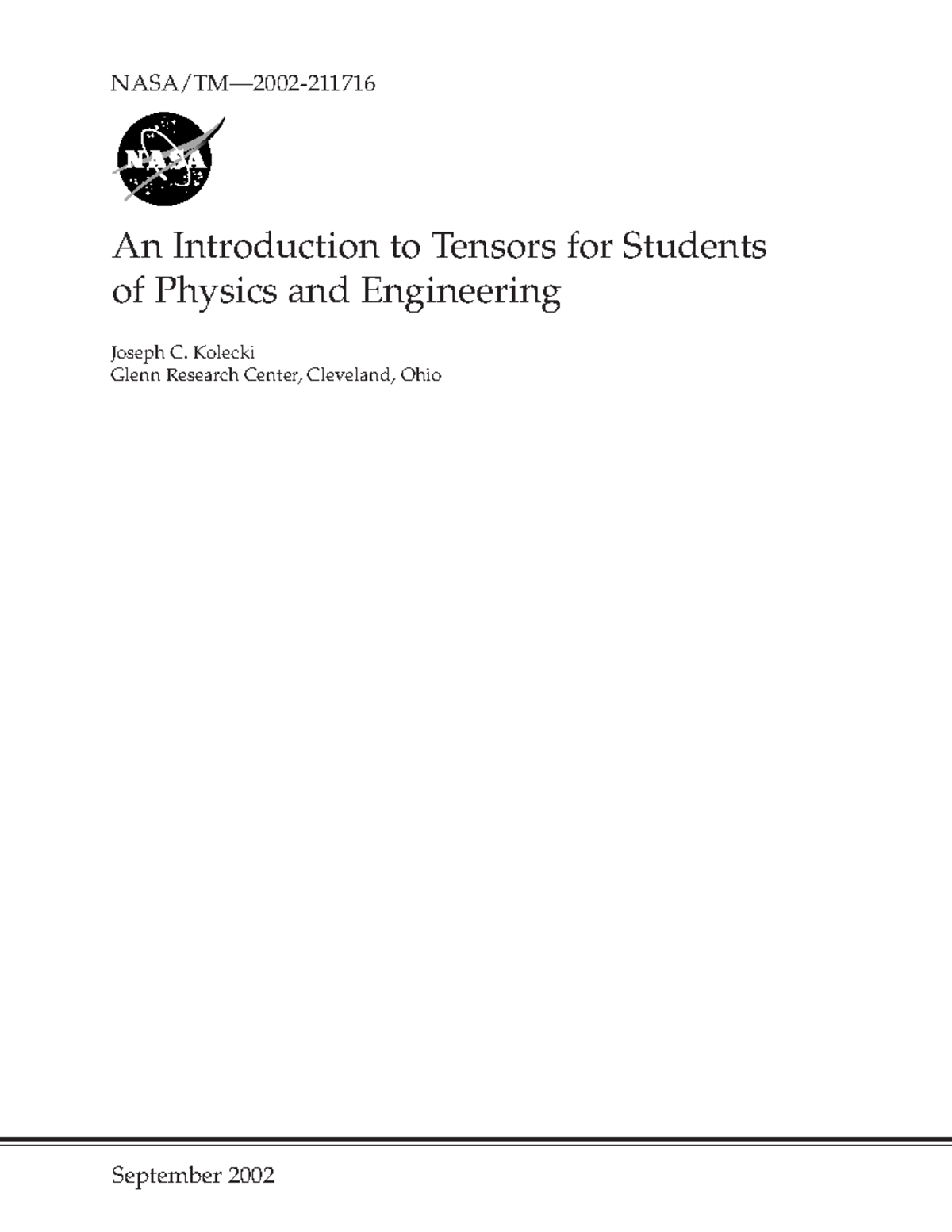 Tensors TM2002 211716 - Joseph C. Kolecki Glenn Research Center ...