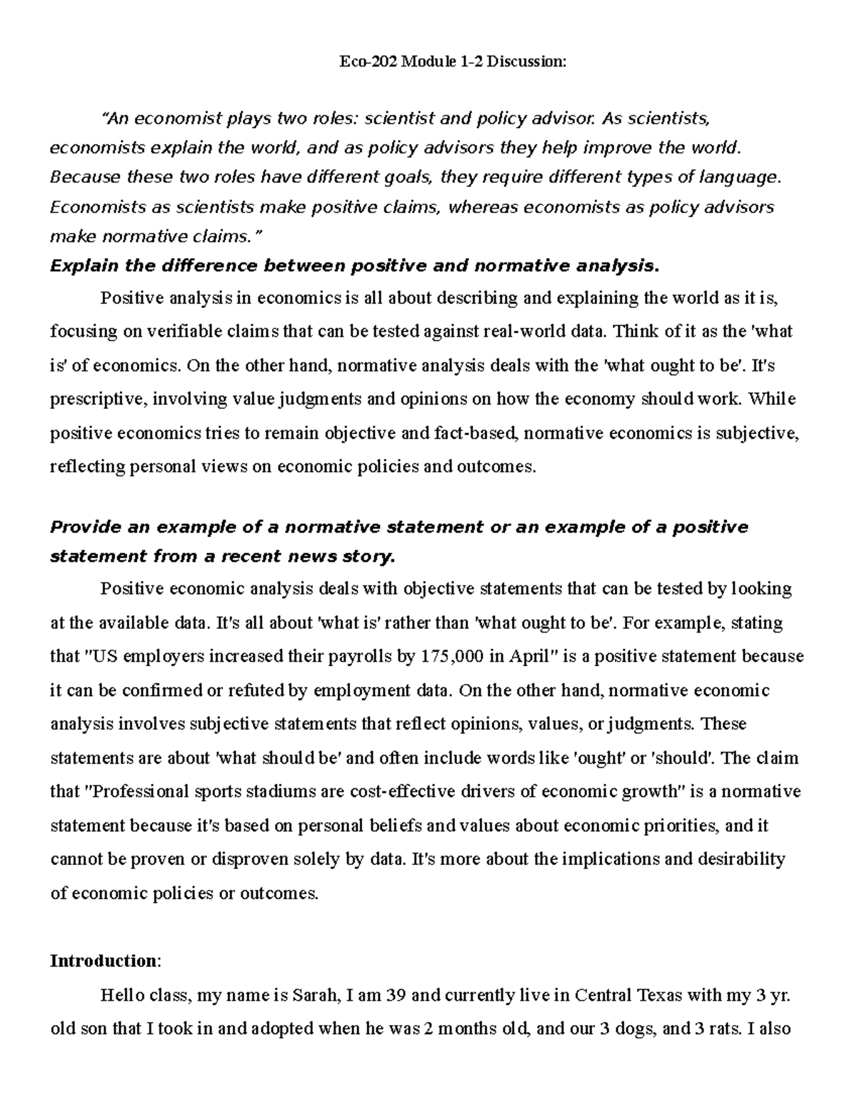 Eco-225 Module 1-2 discussion - Eco-202 Module 1-2 Discussion: “An ...