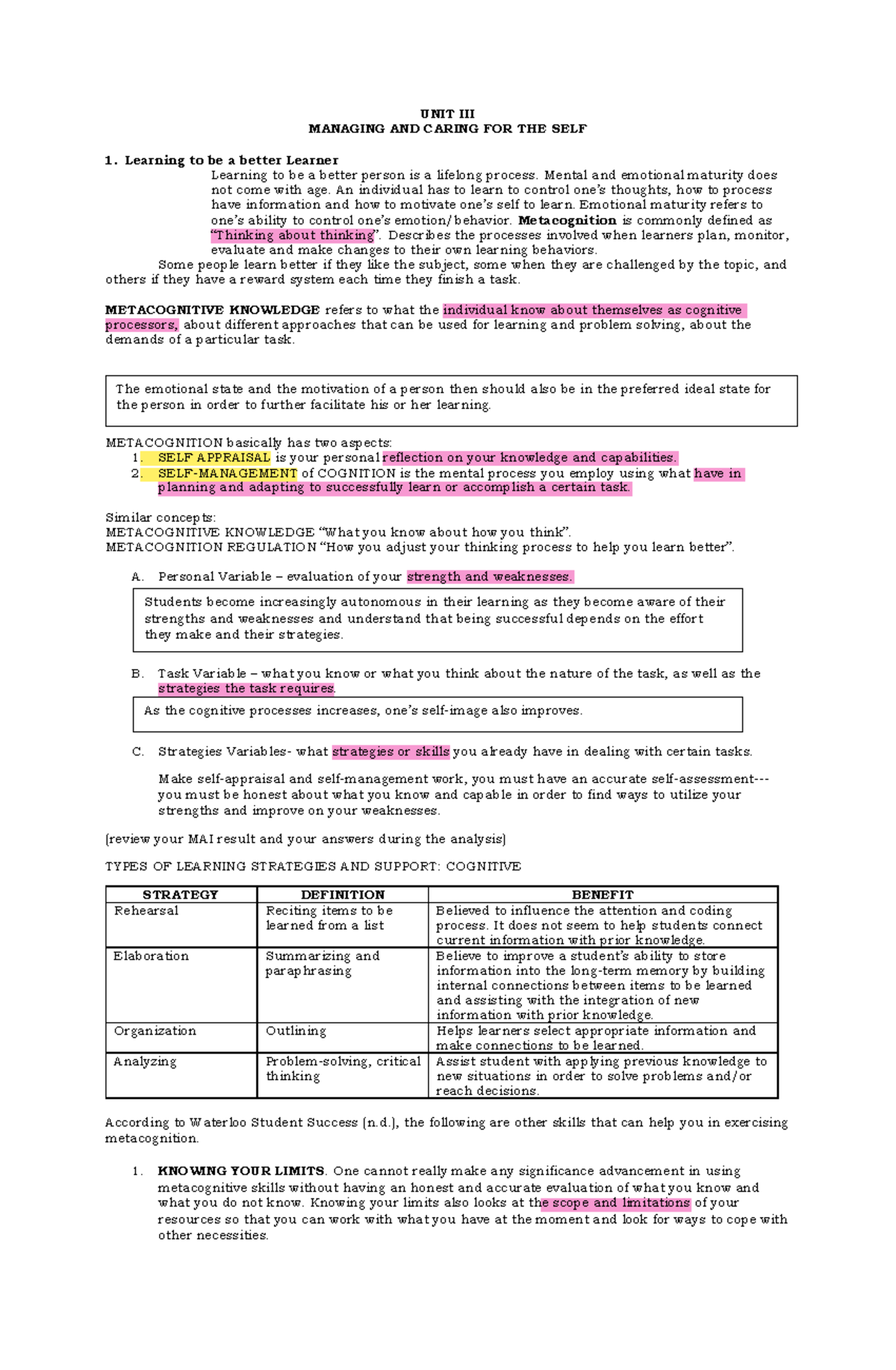 Managing and caring for the self - UNIT III MANAGING AND CARING FOR THE ...
