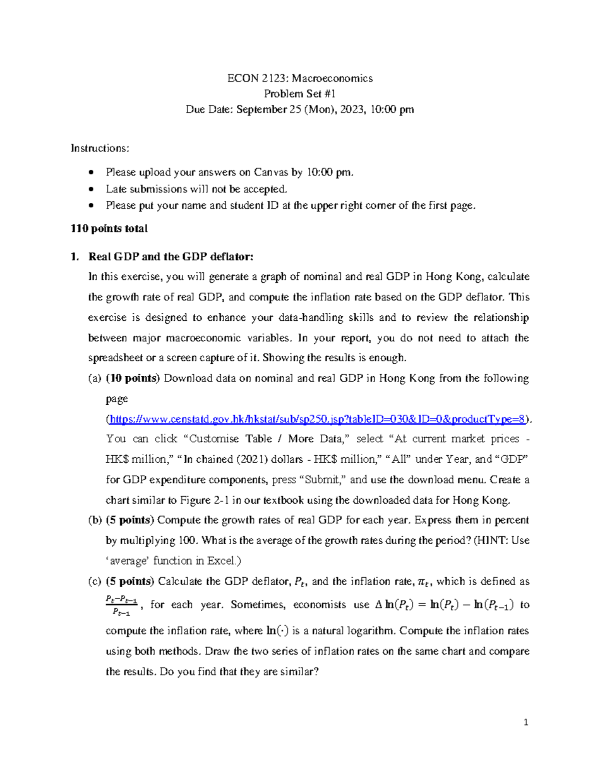 macro_problem set 1 - 1 ECON 2123: Macroeconomics Problem Set # Due Date: September 25 (Mon ...