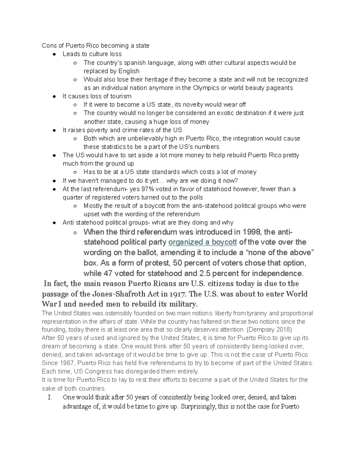 Policy speech 2 outline - Cons of Puerto Rico becoming a state Leads to ...