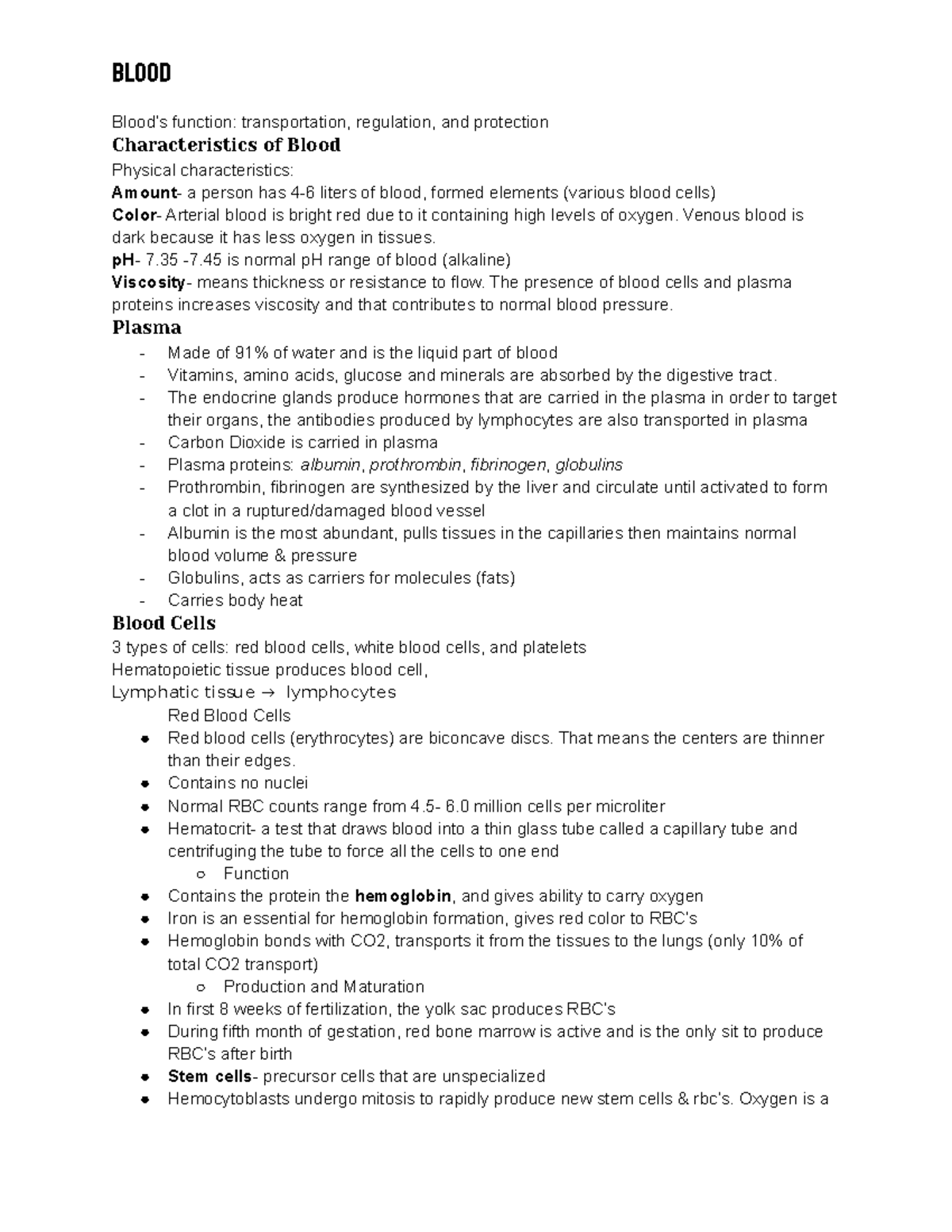 The Blood - Human anatomy notes - Blood’s function: transportation ...