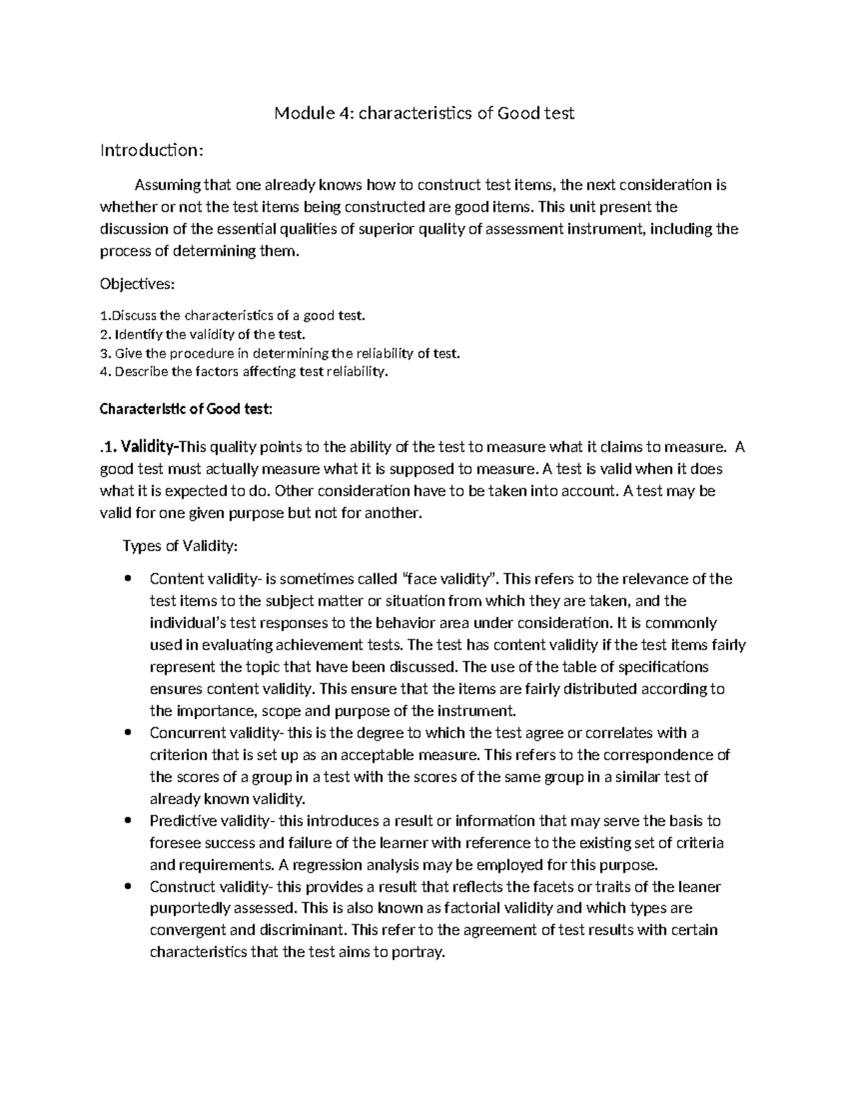 Module in Assessment - Module 4: characteristics of Good test ...