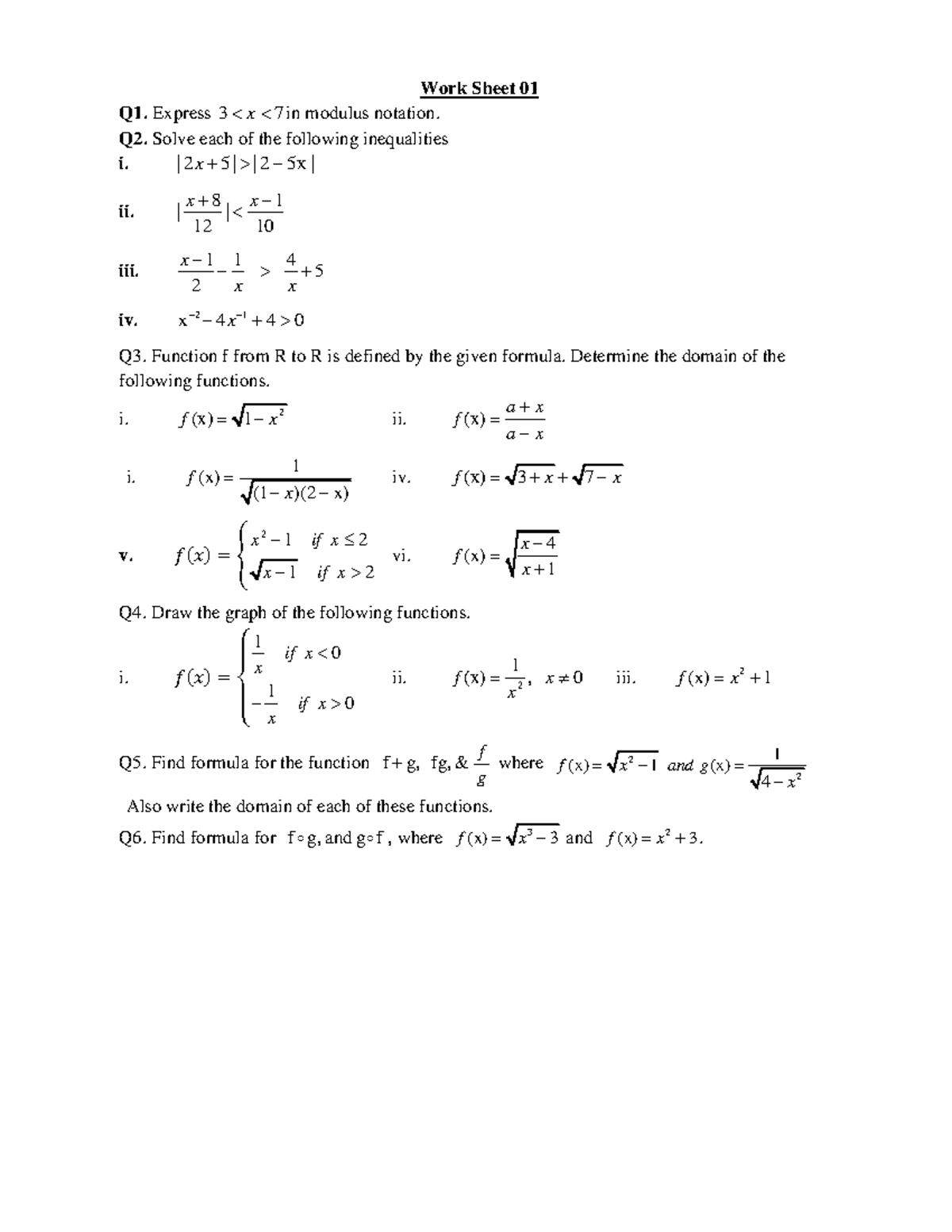 1 Worksheet On Functions Work Sheet 01 Q1 Express 3 X 7 In Modulus Notation Q2 Solve Each 