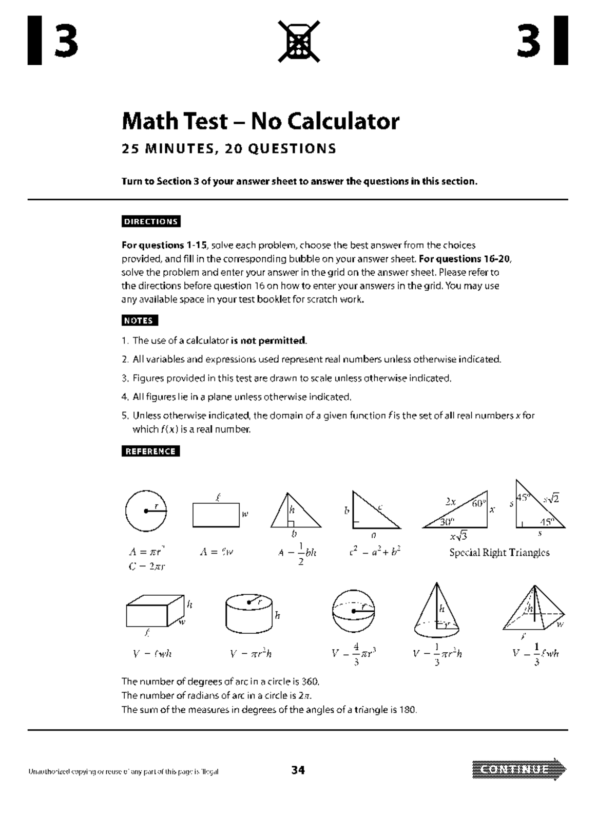 SAT #1 - practice math test - 3 3 Math Test No Calculator 25 MINUTES ...