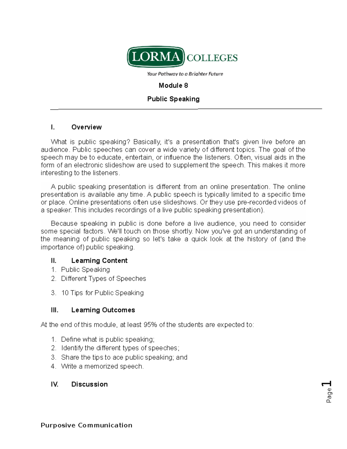 Purposive COM Module 8 - 1ST YEAR - Module 8 Public Speaking I. Overview What is public speaking ...