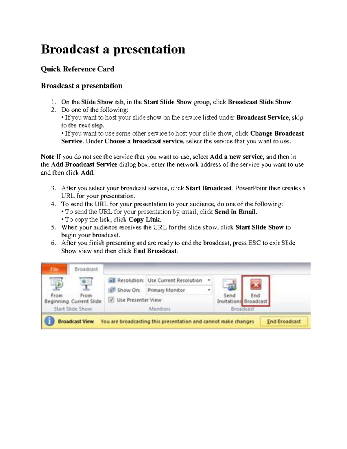 Power Point Module 6 Quick Reference Guide - Broadcast a presentation ...