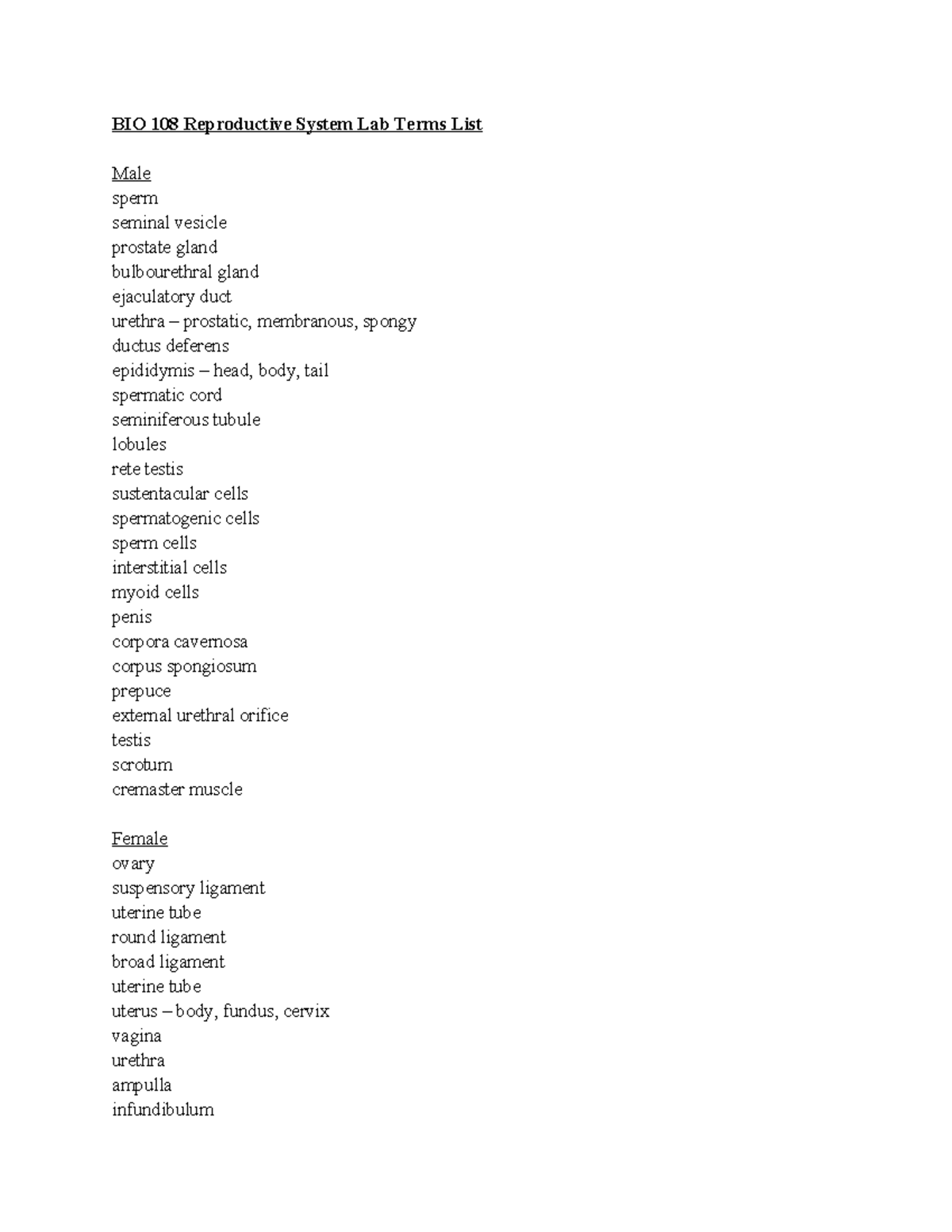 Reproductive System Lab Terms List - BIO 108 Reproductive System Lab ...